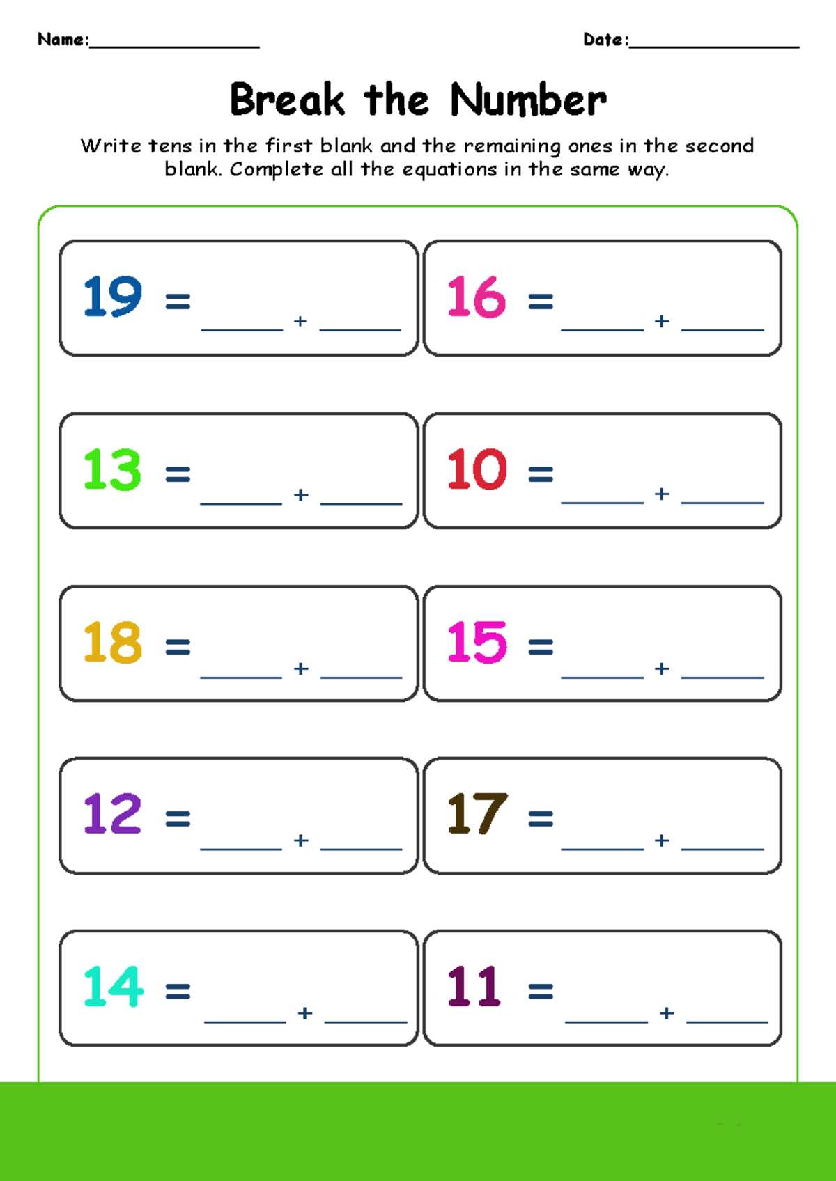 Break the Number - Kindergarten Worksheet - Name: Date: Write tens in ...