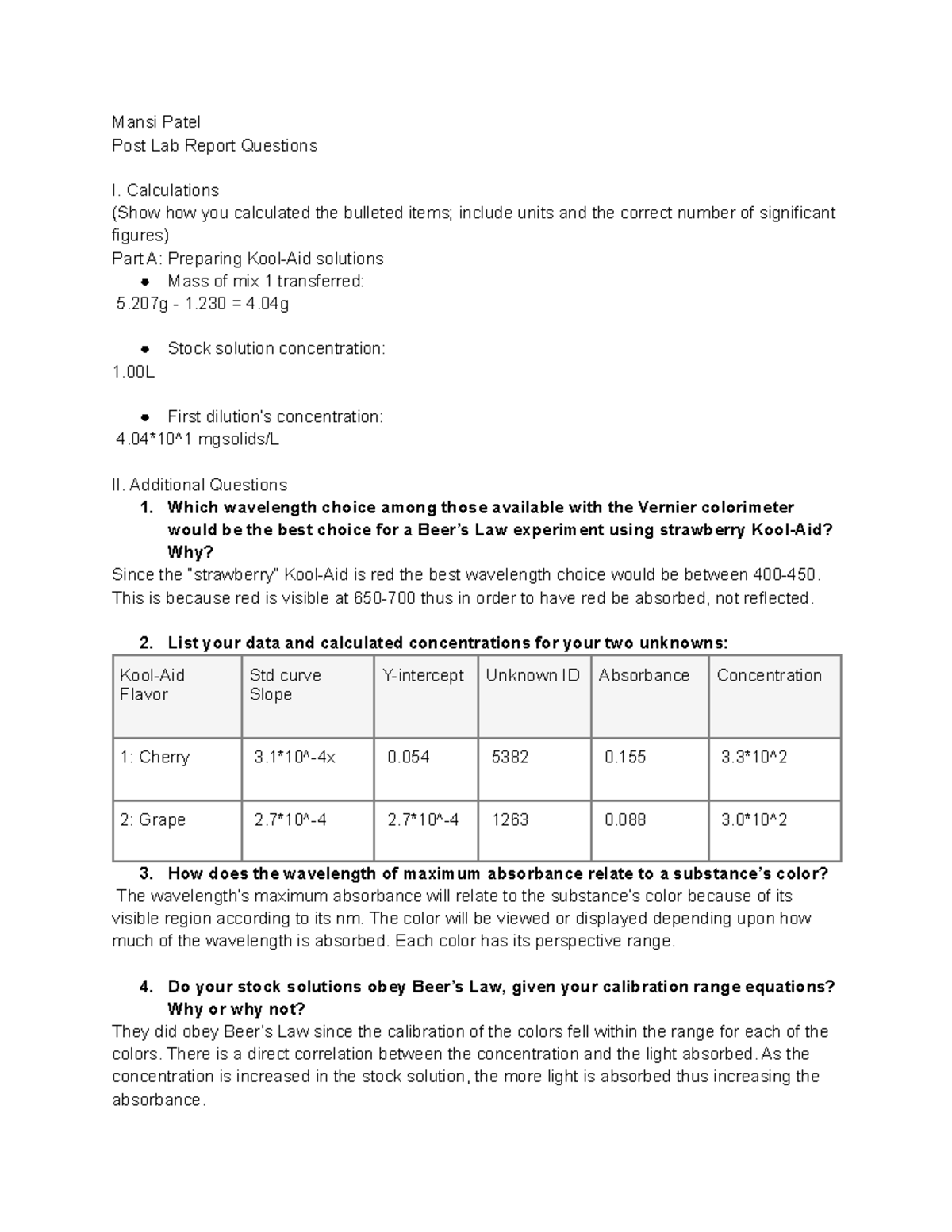 Lab Report 3: Kool-Aid Solutions and Beer’s Law Analysis - Studocu
