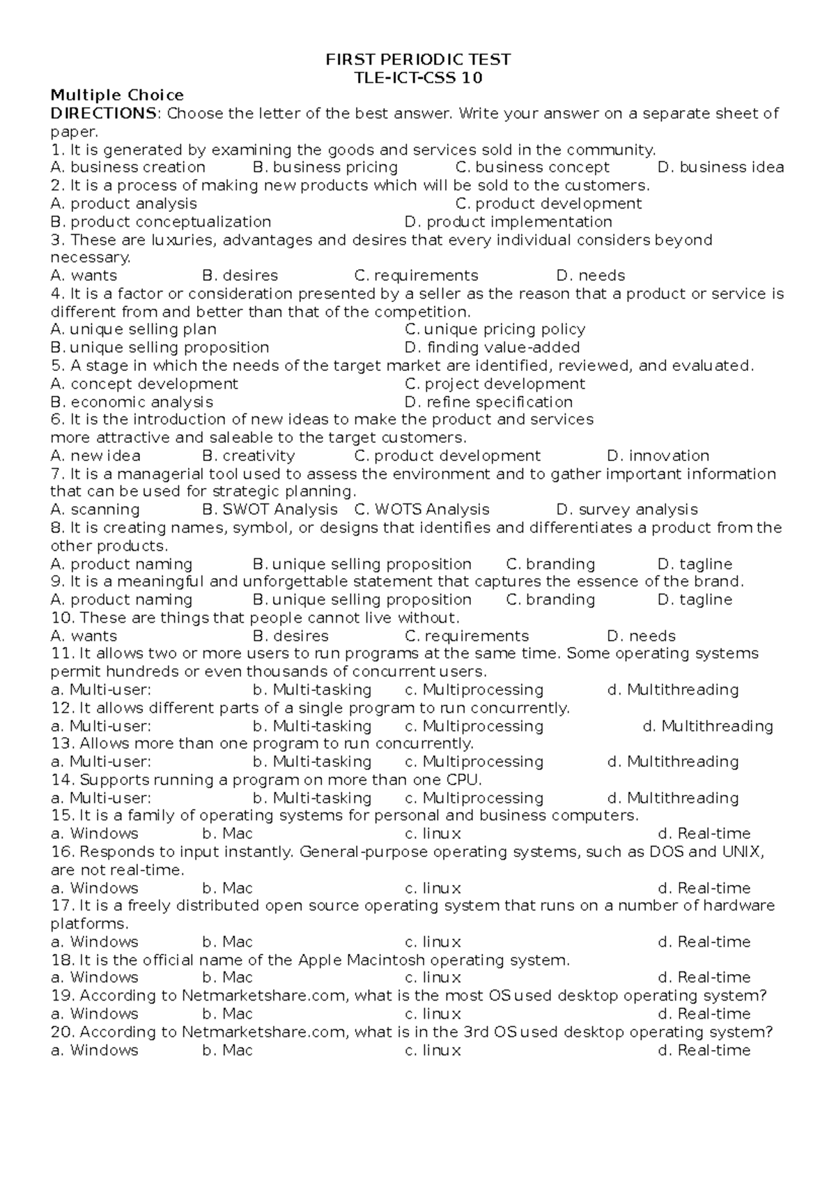TLE-ICT-CSS 10 First Periodic Test: Multiple Choice Questions - Studocu