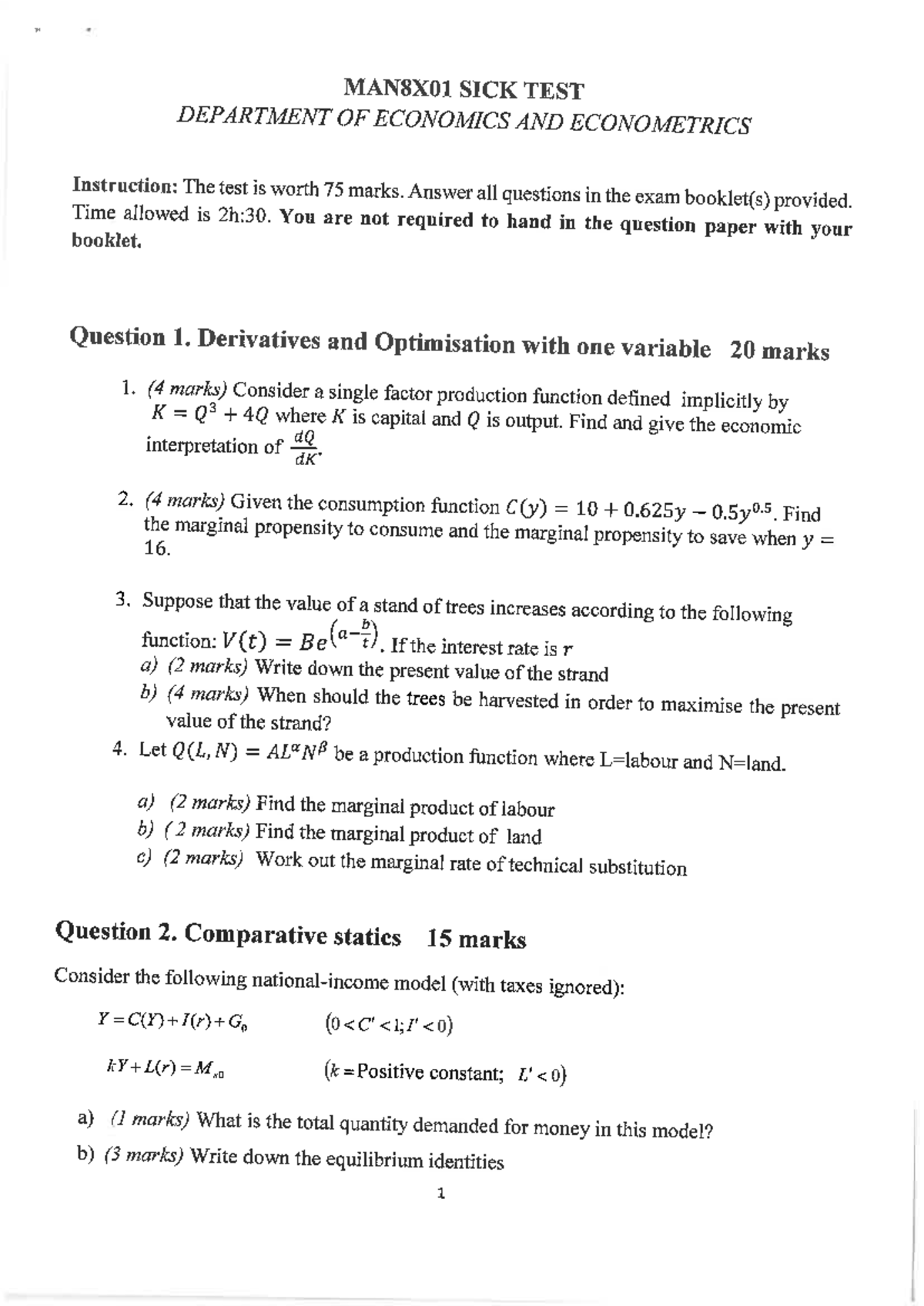 MAN8X01 SICK TEST: Derivatives, Optimisation & Comparative Statics Exam ...
