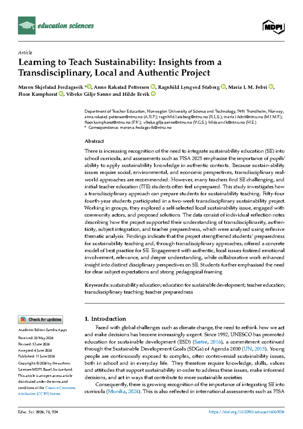 Transdisciplinary Approaches in ITE for Sustainability Education (EDU ...