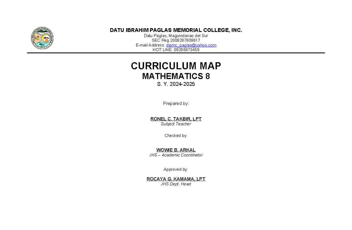 Curriculum Map for Mathematics 8 - Q1 Overview and Standards - Studocu