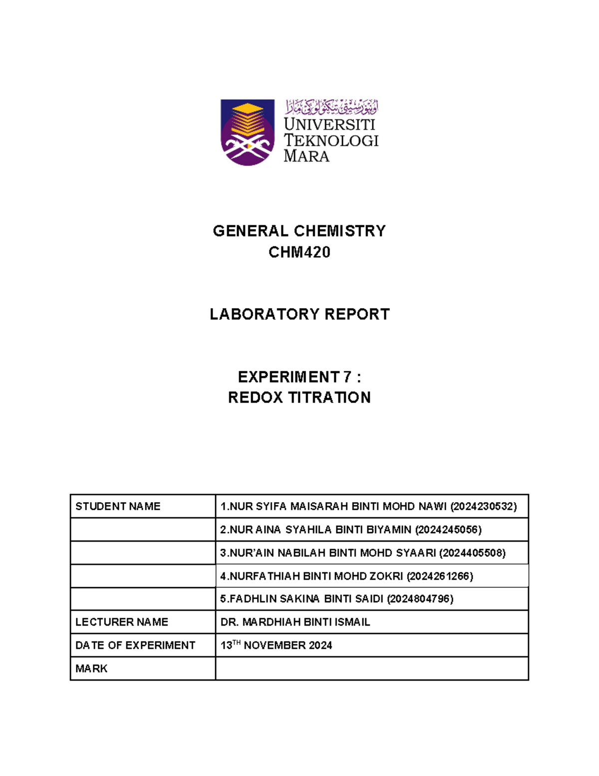 Experiment 5 Chemical Equilibrium - GENERAL CHEMISTRY CHM LABORATORY ...