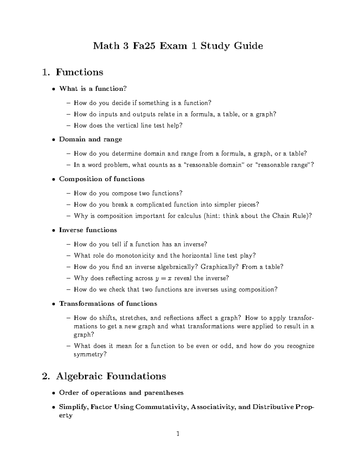 Math 3 Fa25 Exam 1 Study Guide: Functions, Inverses & Transformations ...