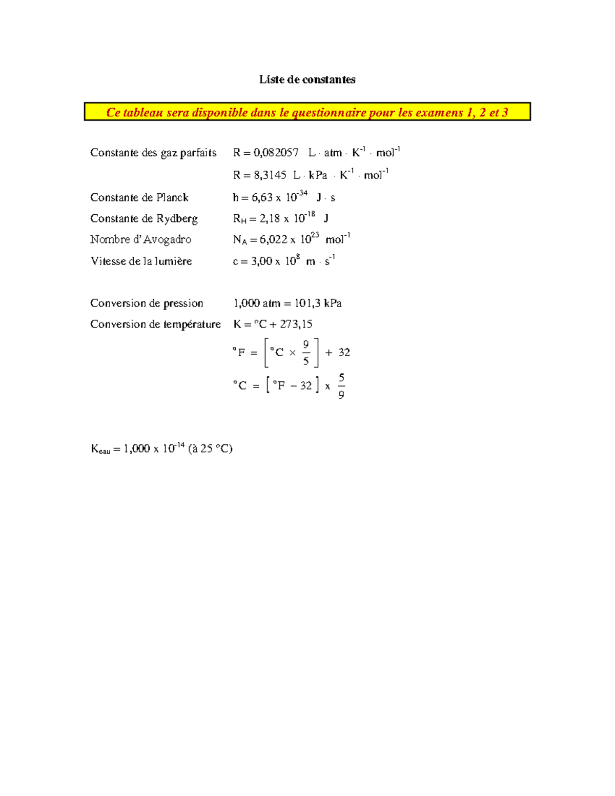 Constantes physiques - Liste de constantes Ce tableau sera disponible ...