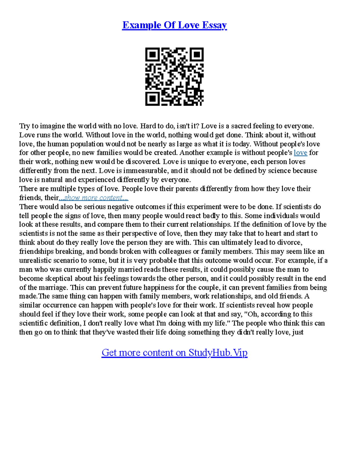 Sample Essay Love - Example Of Love Essay Try to imagine the world with ...