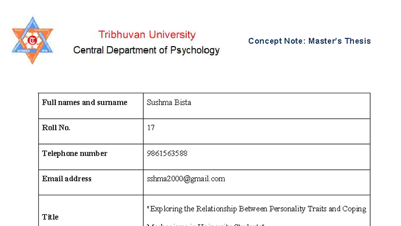 MA Thesis Concept Note: Personality Traits & Coping Mechanisms in ...