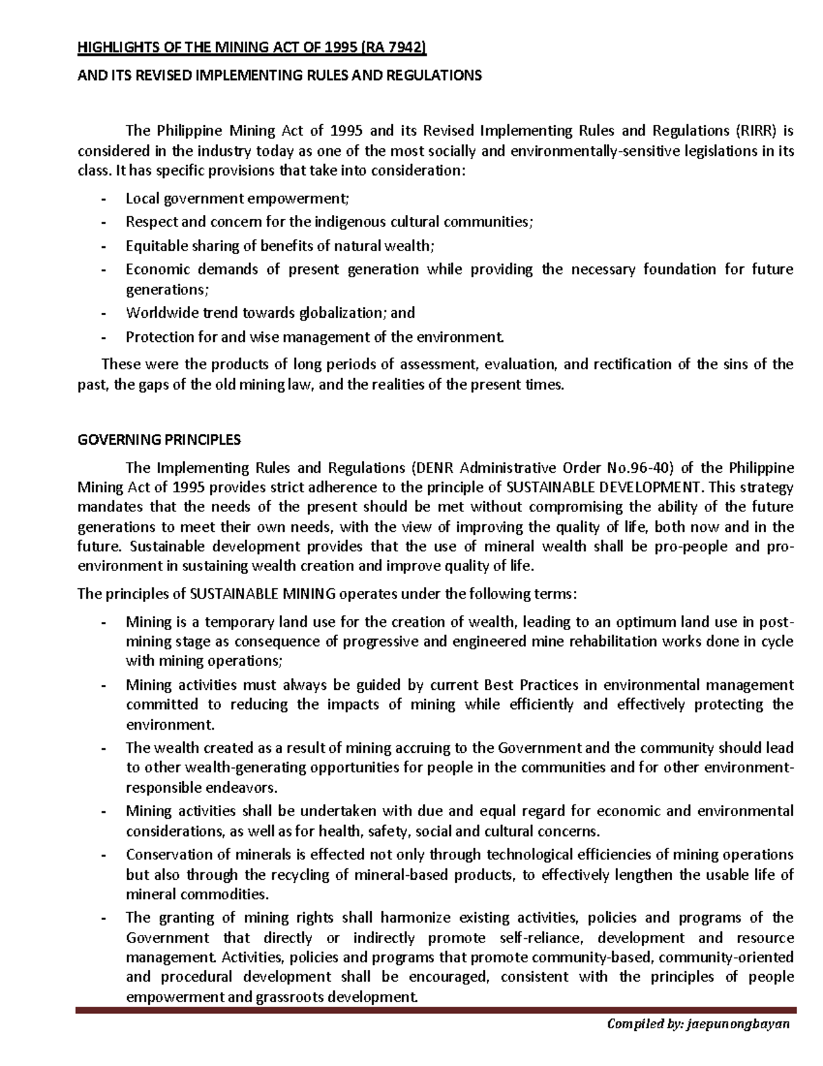 Highlights of the Philippine Mining Act of 1995 (RA 7942) and Its RIRR ...