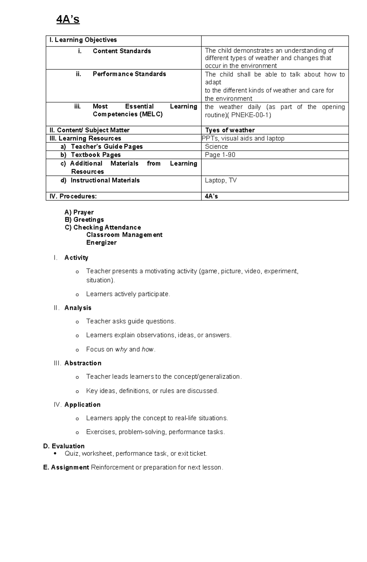 Lesson Plan: 4As, 5Es, and 7Es Method for Weather Education - Studocu