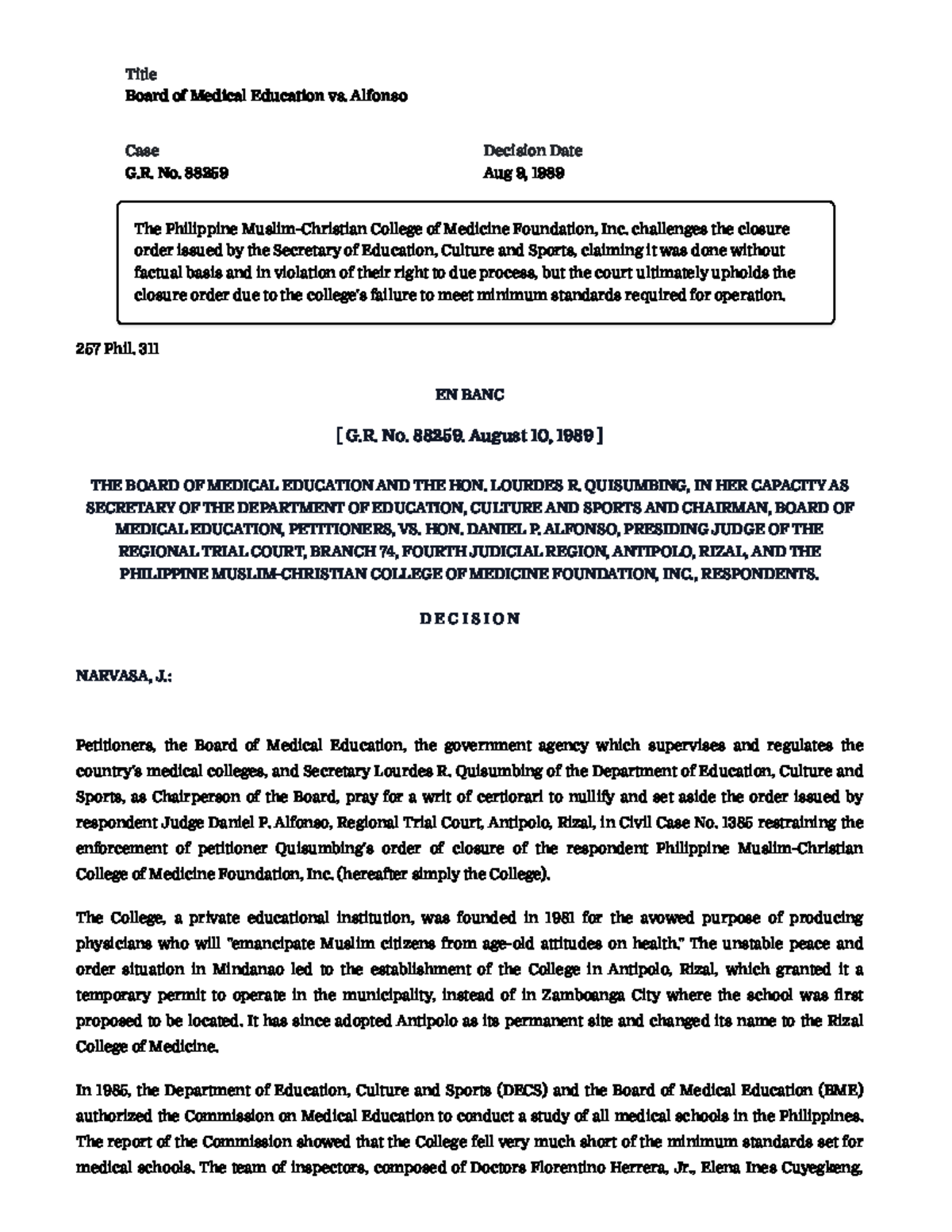 G.R. No. 88259 - Board of Medical Education vs. Alfonso: Case Analysis ...