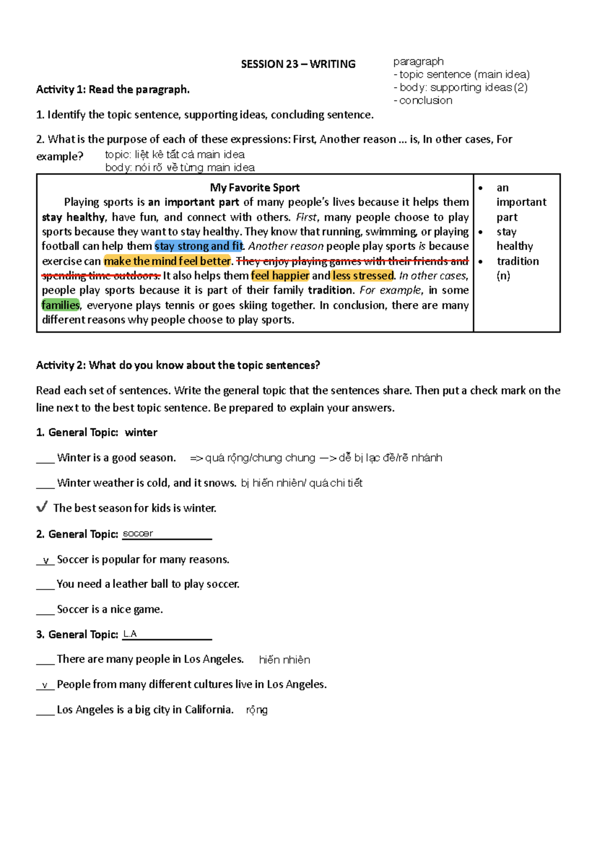 Session 23 - Writing Activities: Topic Sentences & Main Ideas - Studocu