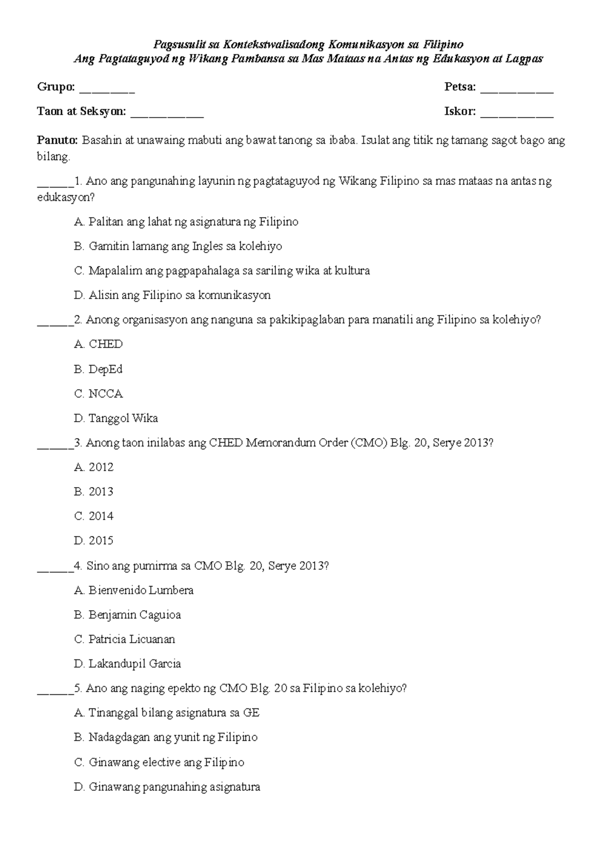 Pagsusulit 1 sa Pagtataguyod ng Wikang Pambansa sa Edukasyon - Studocu