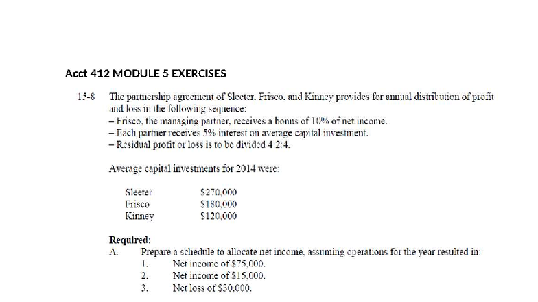 Acct 412 Module 5 Partnership Exercises and Liquidation Problems - Studocu