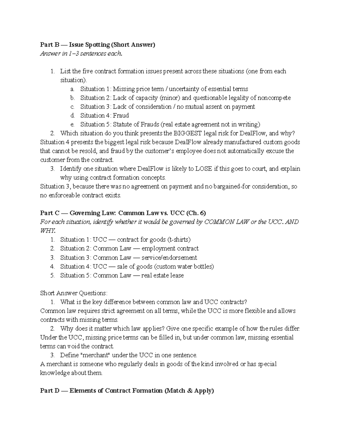 Business Law Worksheet #4: Contract Formation Issues and Analysis - Studocu