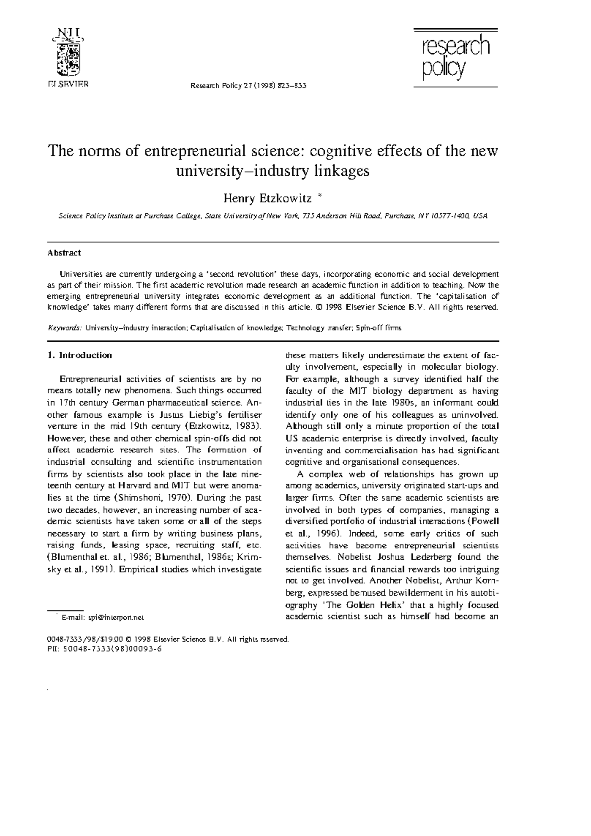 Etzkowitz 1998 - Cognitive Effects of Entrepreneurial Science in ...