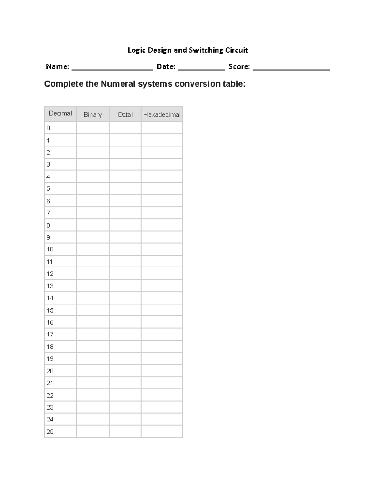 Number System Exam Practice - Logic Design and Switching Circuits - Studocu