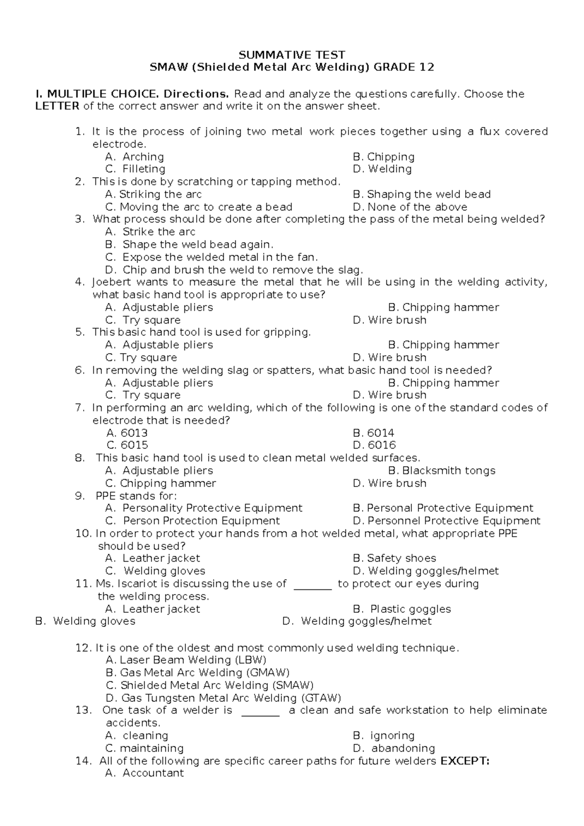 679382939 QI Periodical Test SMAW G12: Multiple Choice Questions - Studocu