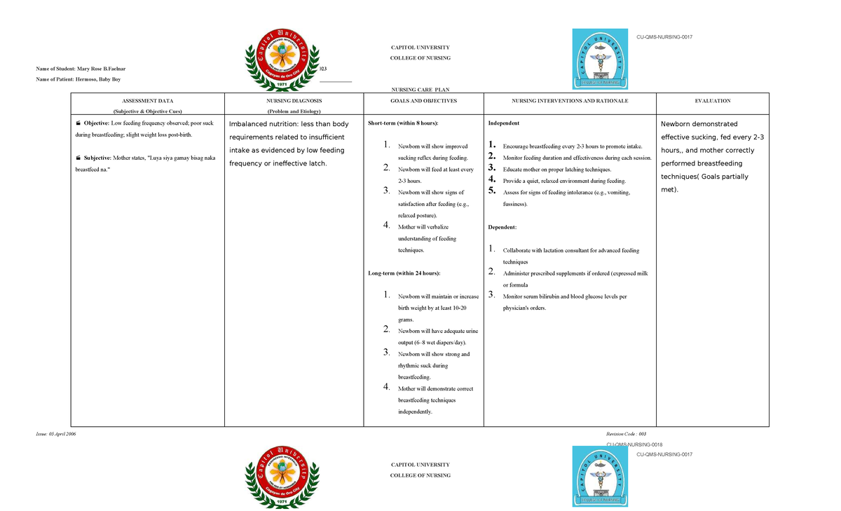 Nursing Care Plan (NCP20) for Newborn: Assessment & Interventions - Studocu