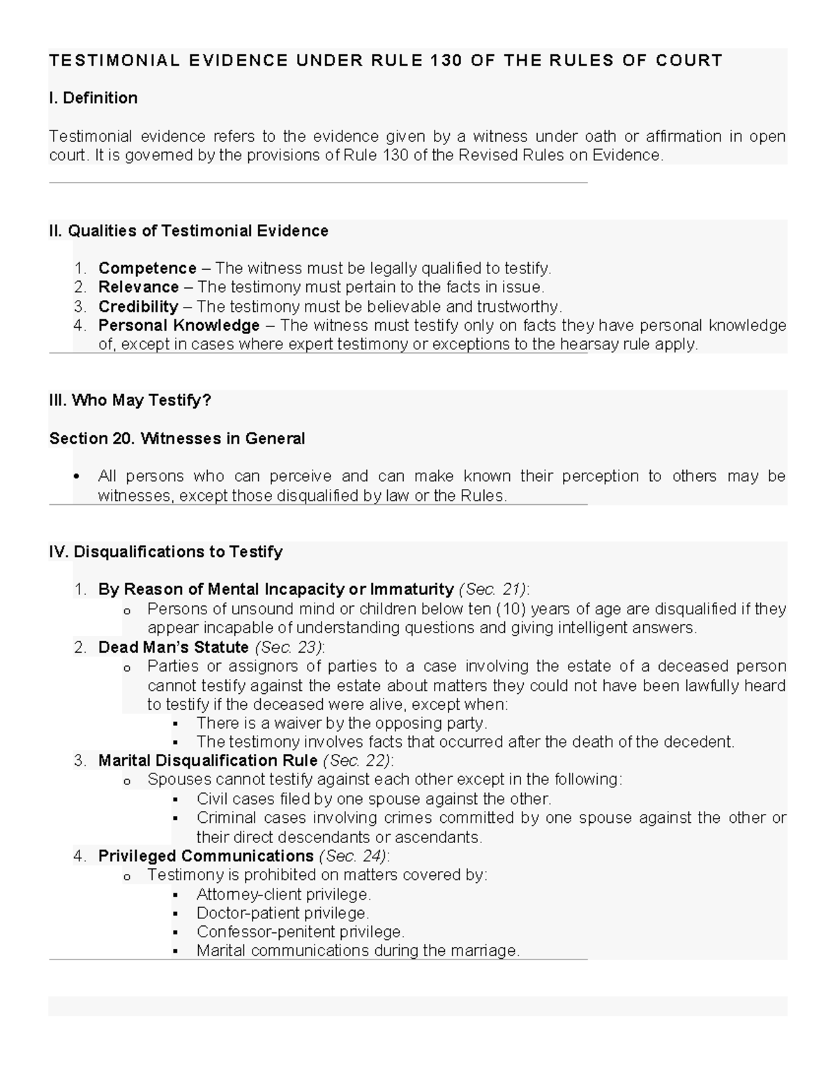 Testimonial Evidence Under Rule 130: Key Concepts and Guidelines - Studocu