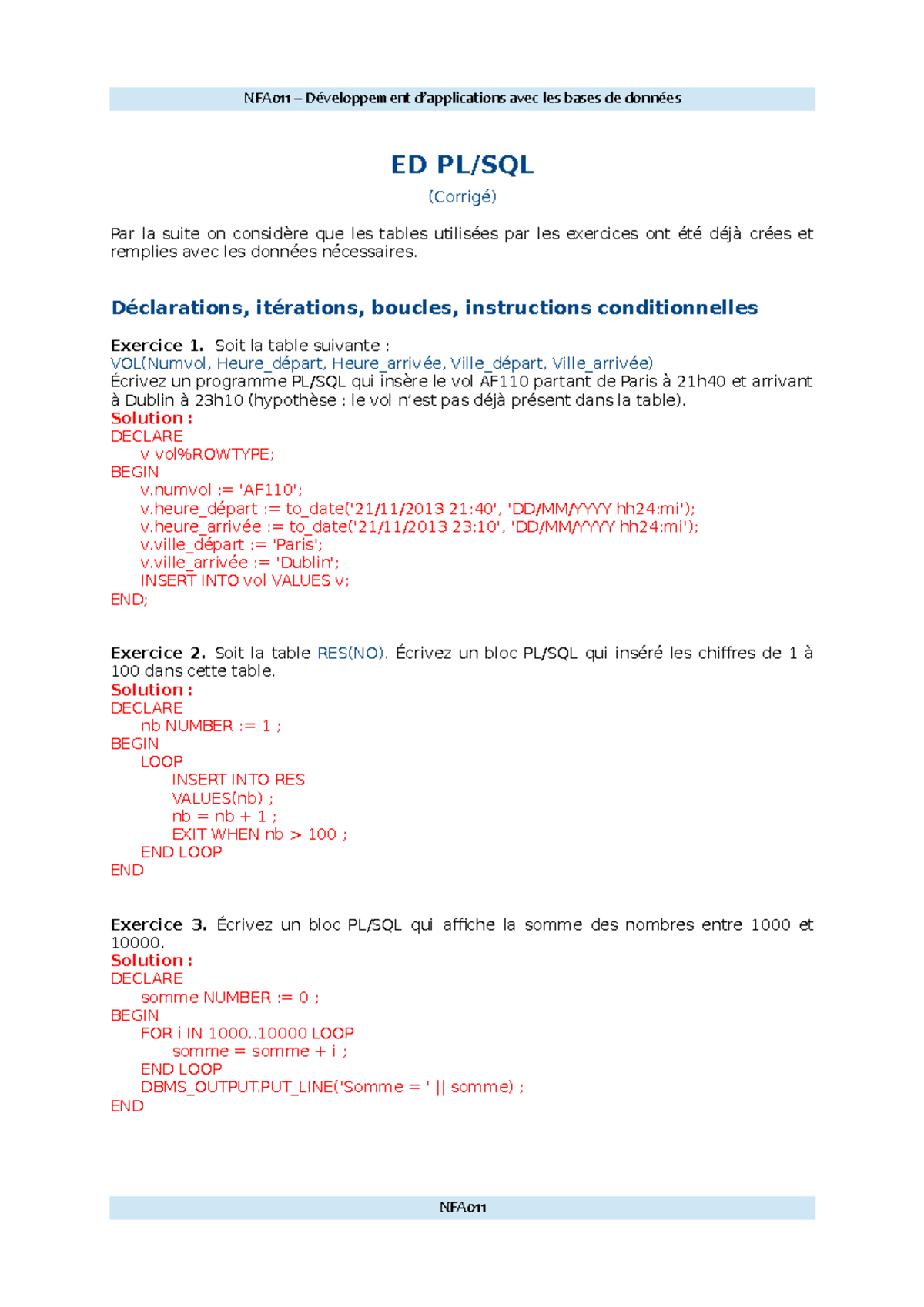 ED PL/SQL - Exercices Corrigés et Solutions Completées - Studocu