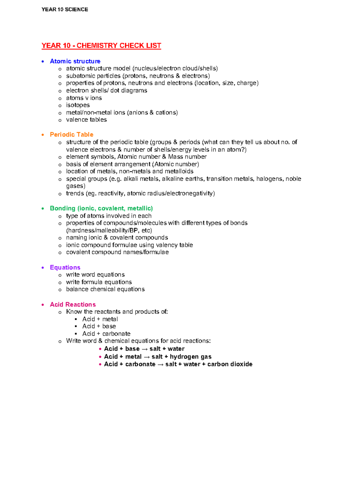YR 10 SC - Chemistry Checklist: Atomic Structure & Reactions - Studocu