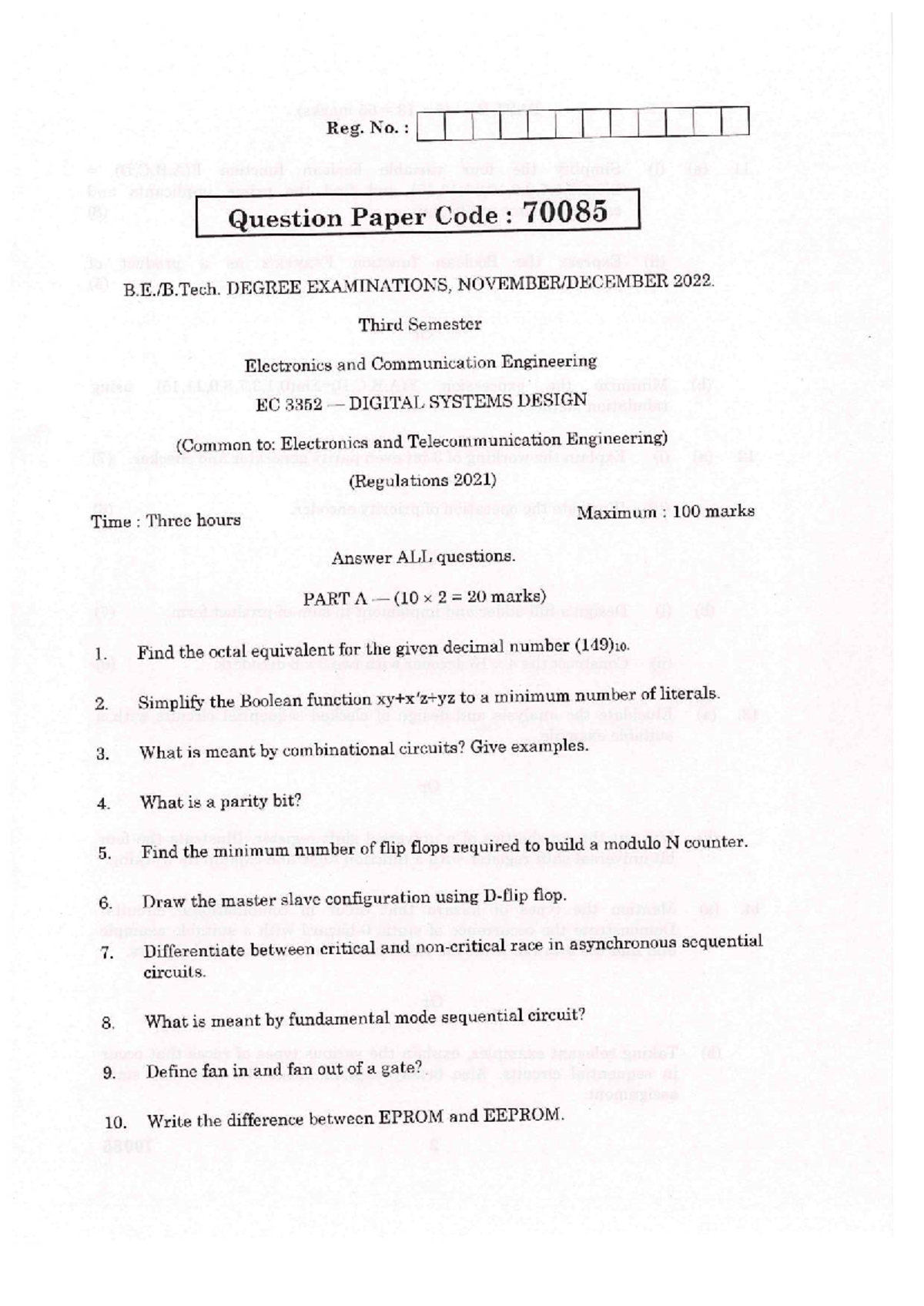 EC 3352 Digital Systems Design - Question Paper 2022 - Studocu