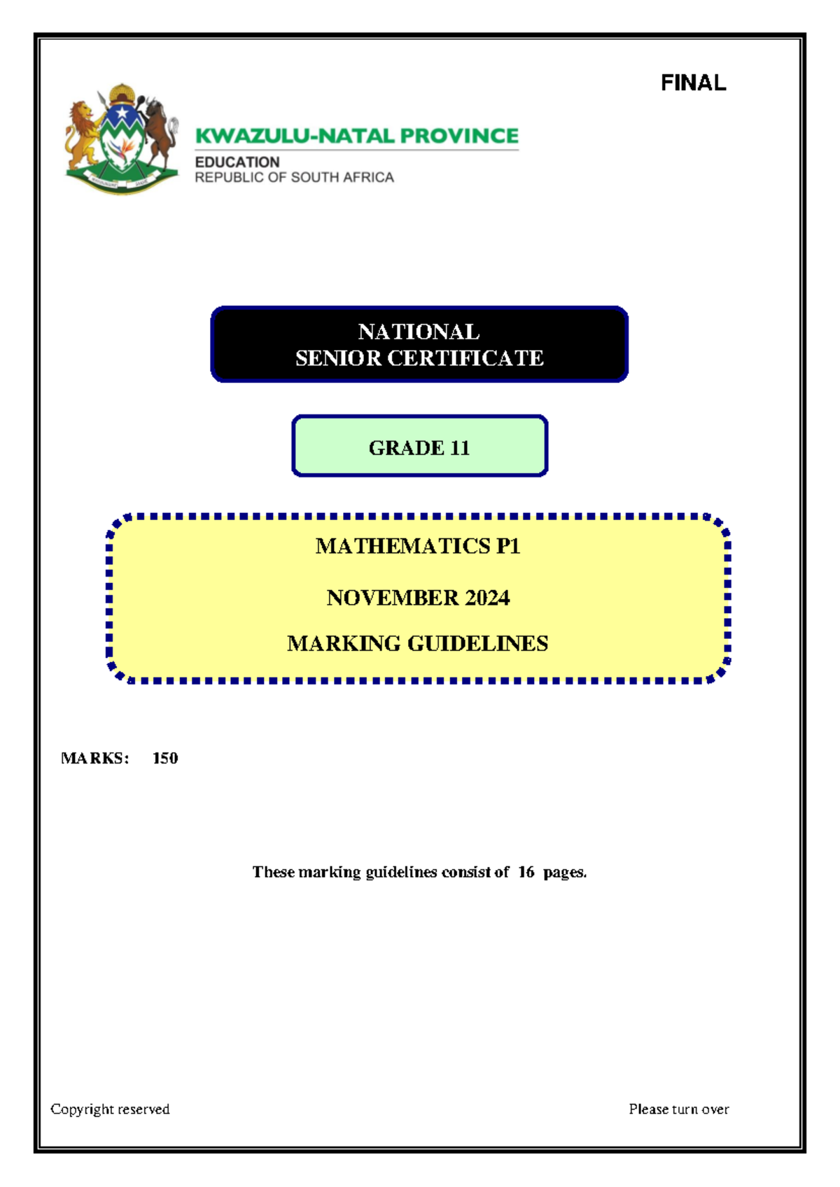 Mathematics P1 November 2024 Grade 11 Marking Guidelines - Studocu