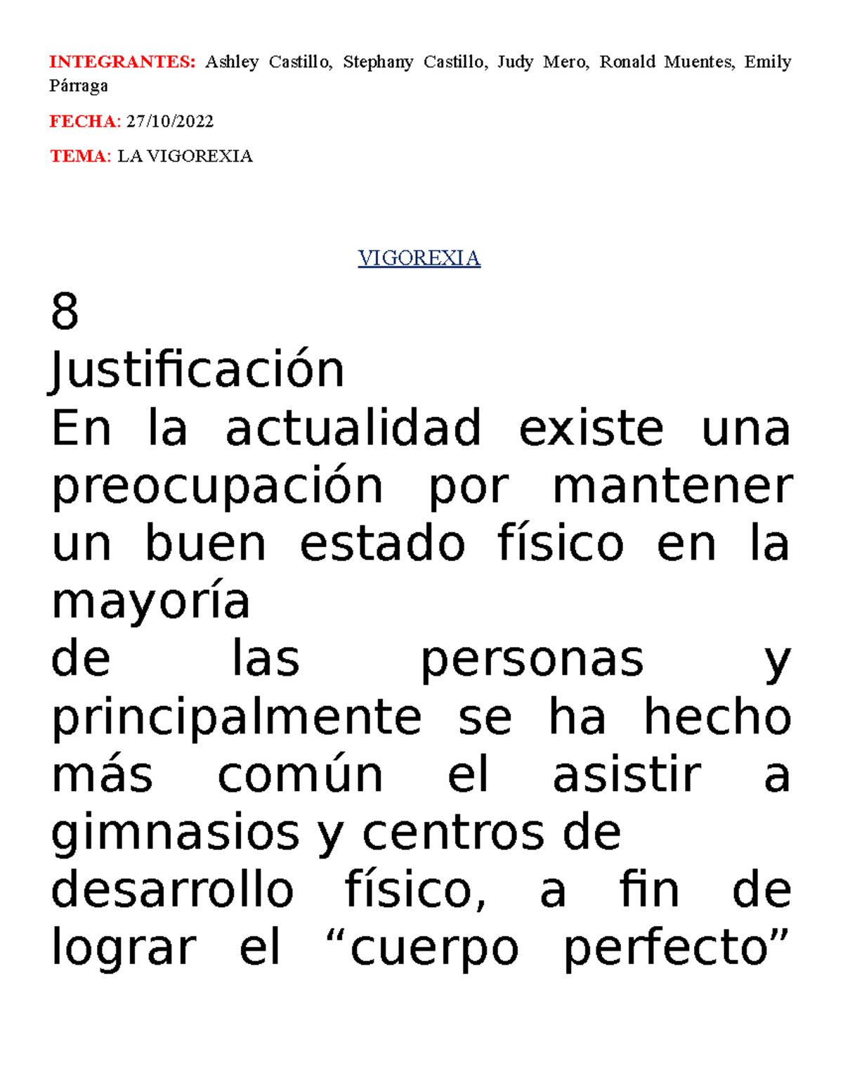 Informe Vigorexia P3 S6 - INTEGRANTES: Ashley Castillo, Stephany ...