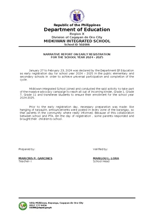 4th Quarter NSED Narrative Report on Earthquake Drill at MIS - Studocu