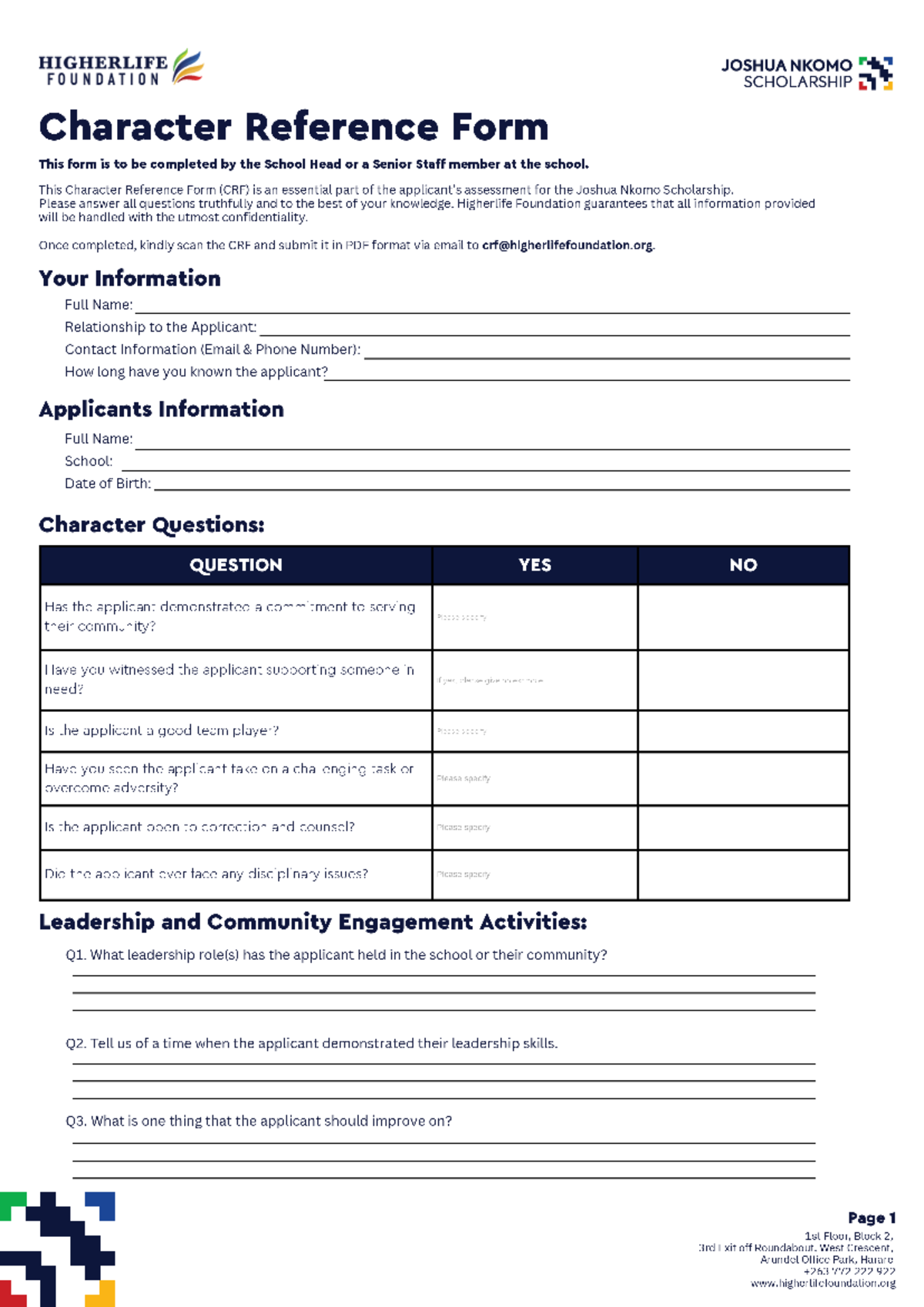 Character Reference Form for Higherlife Joshua Nkomo Scholarship - Studocu