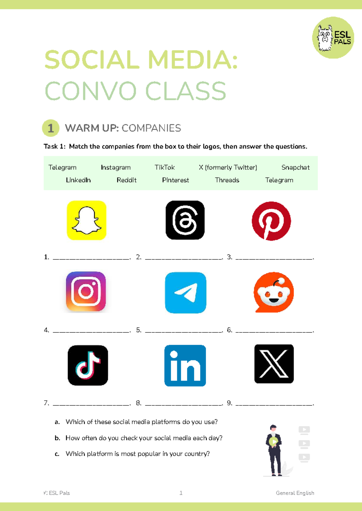 SOCIAL MEDIA: ESL Pals General English Class Activities and Discussions ...