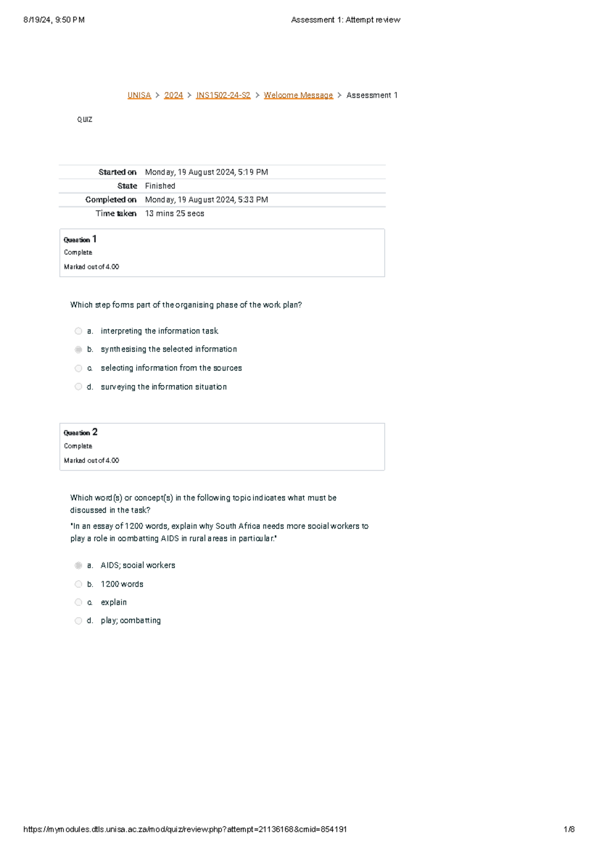 INS1502 Assessment 1 Attempt Review & Quiz Summary - Studocu