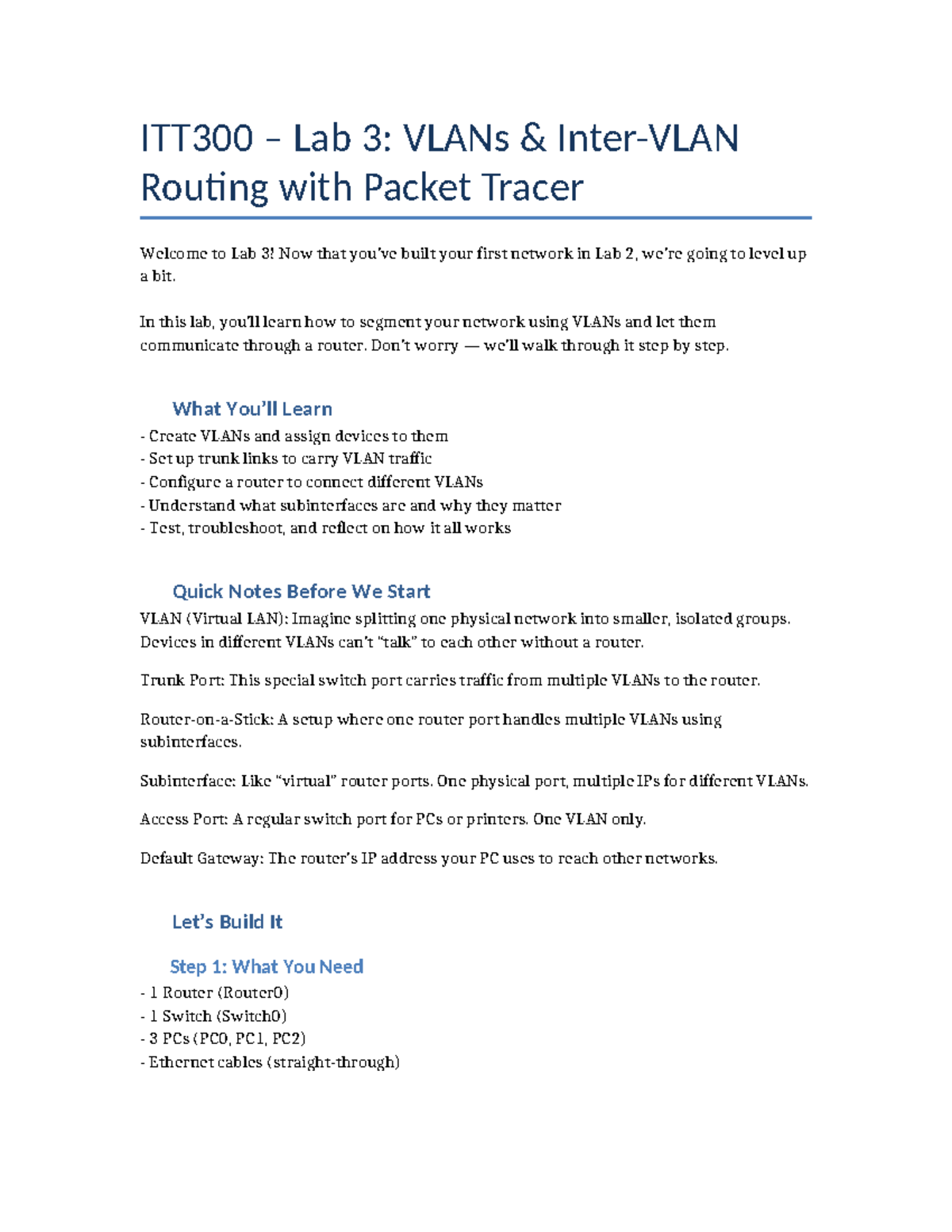 ITT300 Lab 3: VLAN Routing with Packet Tracer Guide - Studocu