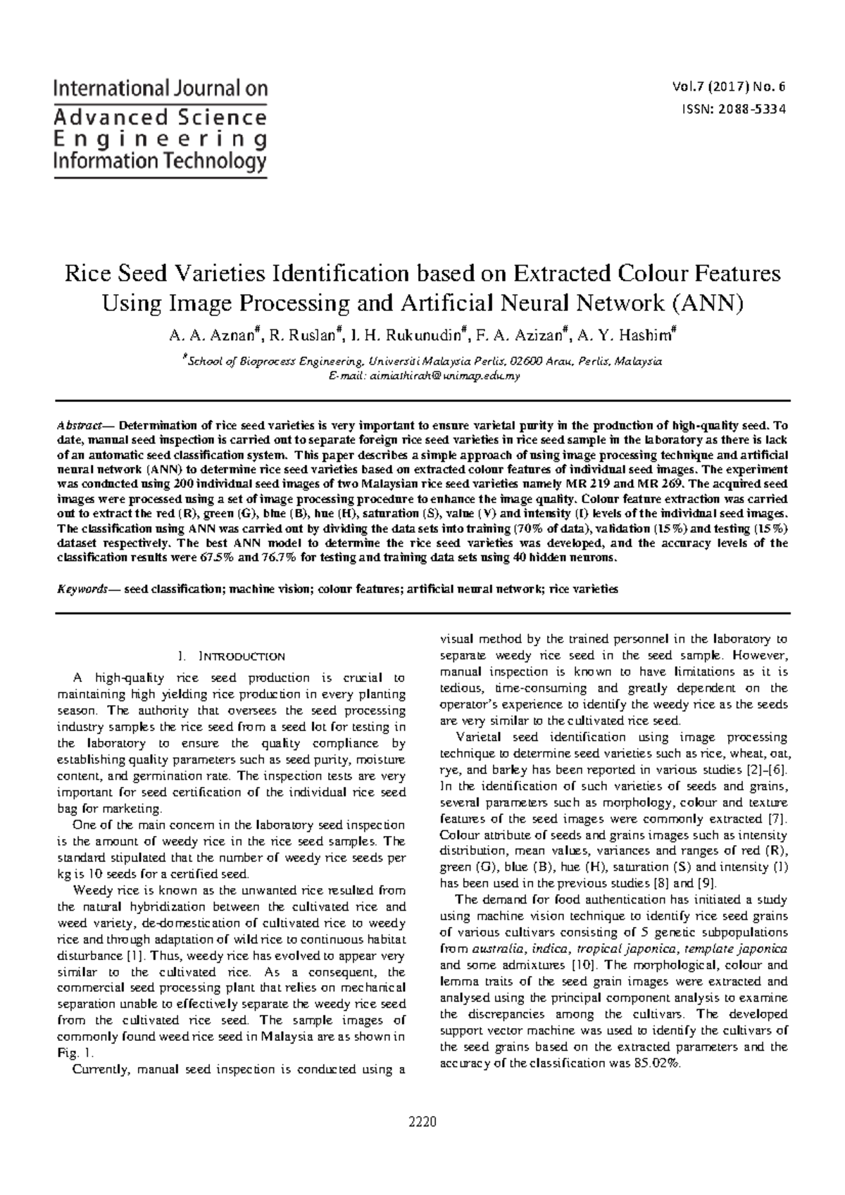 Ijaseit 762990 - Identification of Rice Varieties Using ANN and Image ...