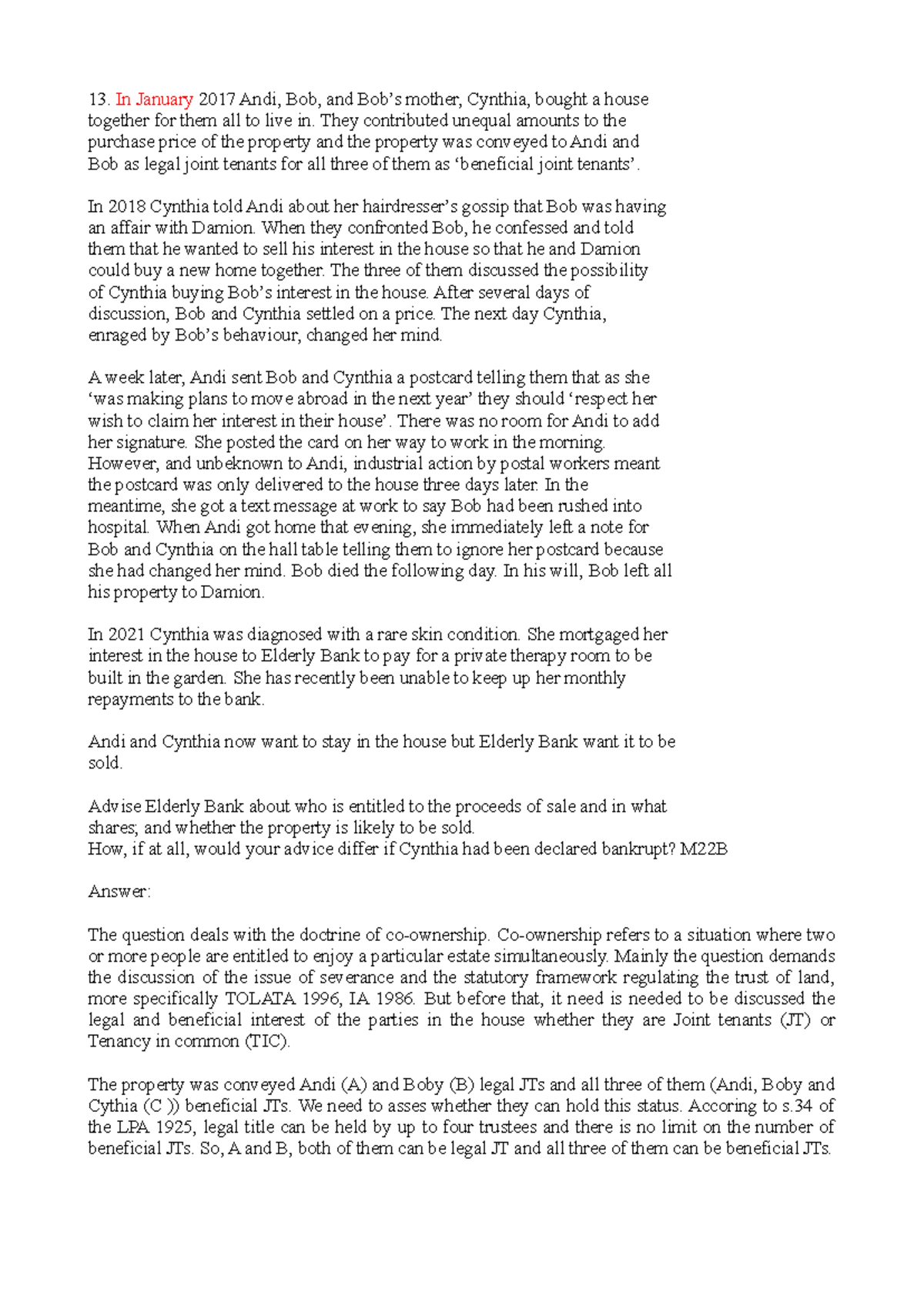 M22B Case Study: Joint Tenancy, Severance, and Property Rights - Studocu