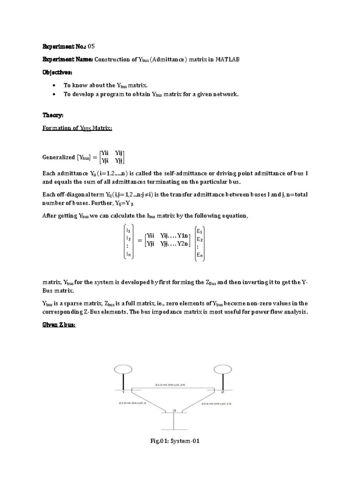 Experiment No. 05 - MATLAB Ybus Matrix Construction Guide - Studocu