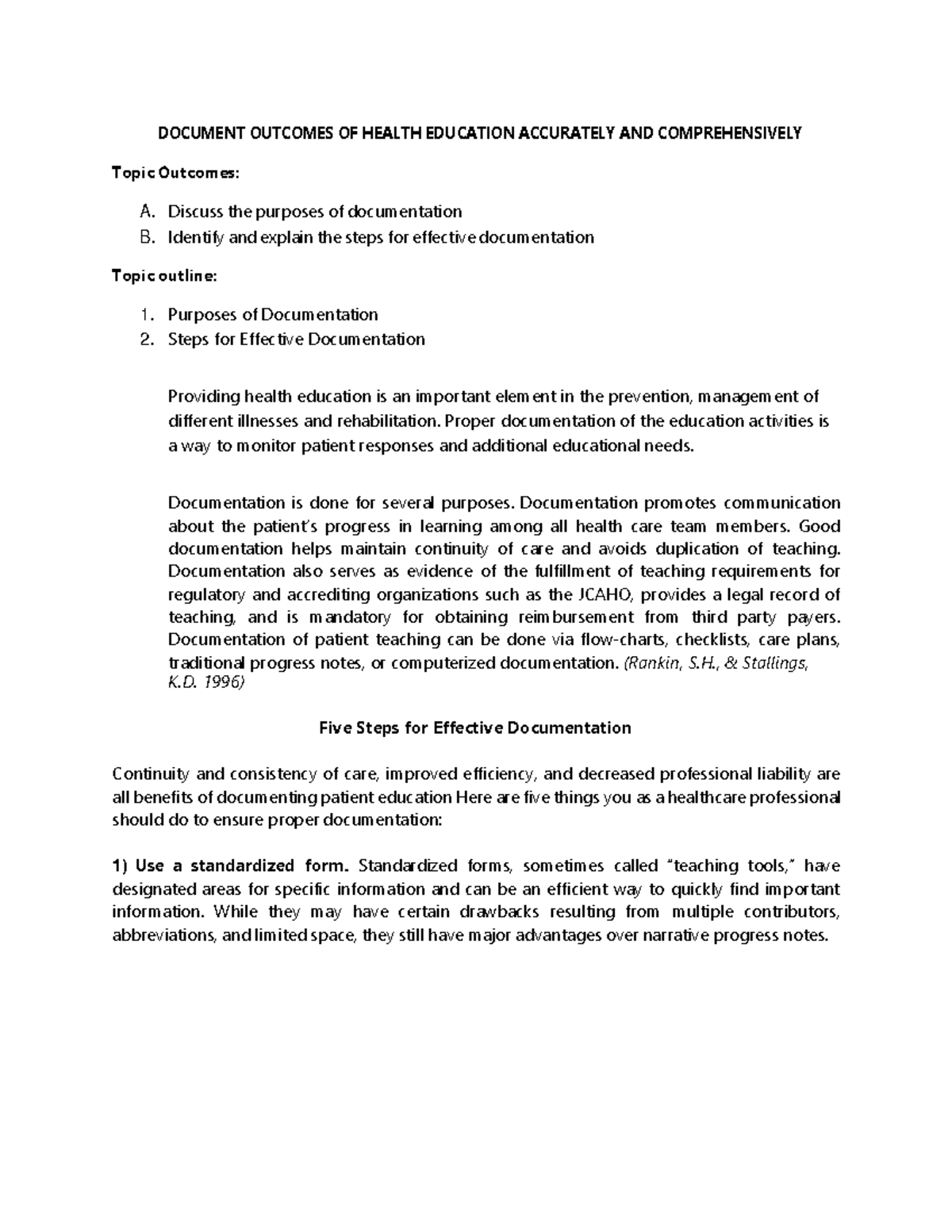 Document Outcomes OF Health Education Accurately AND Comprehensively ...