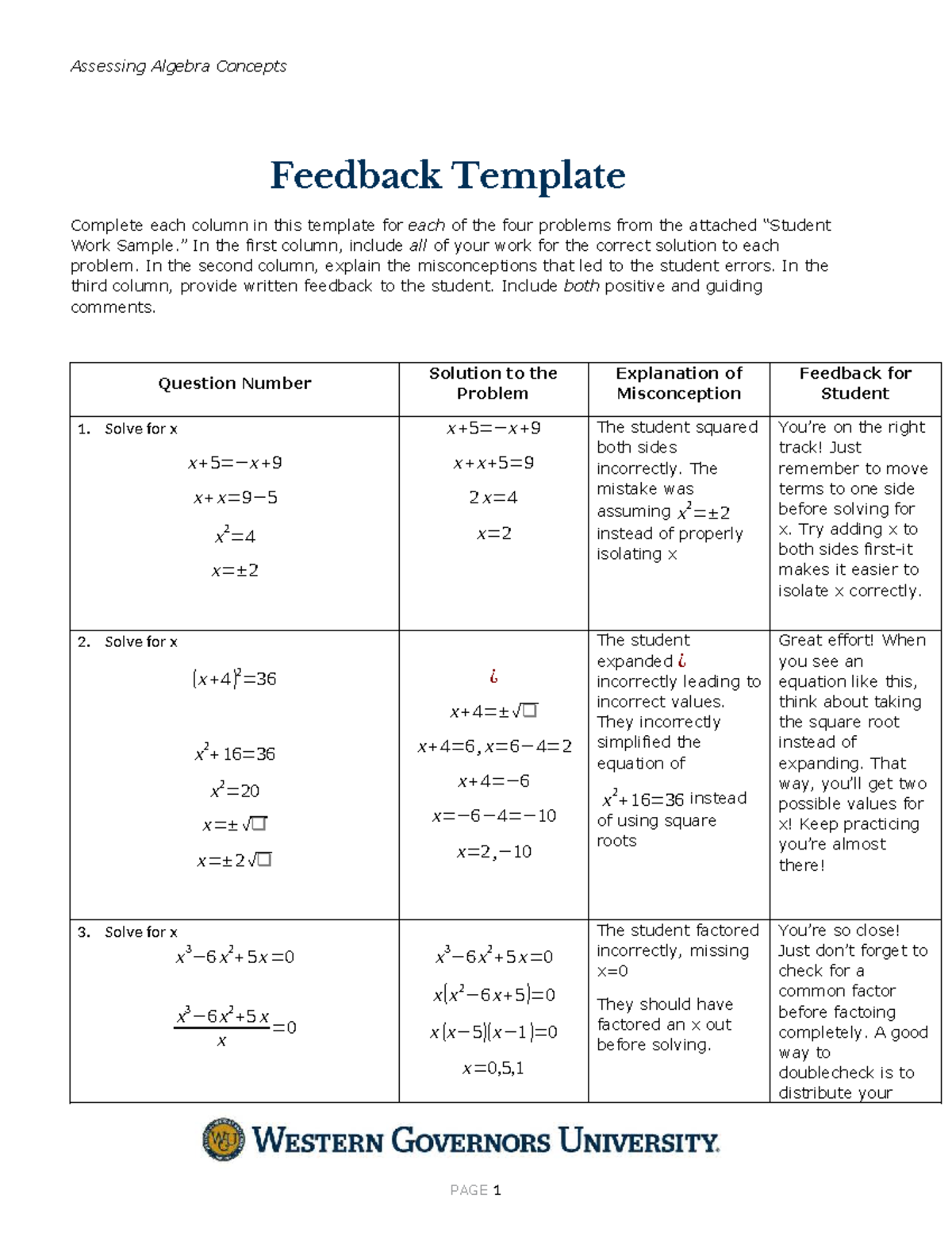 Feedback Template (1) - task - Assessing Algebra Concepts Feedback ...
