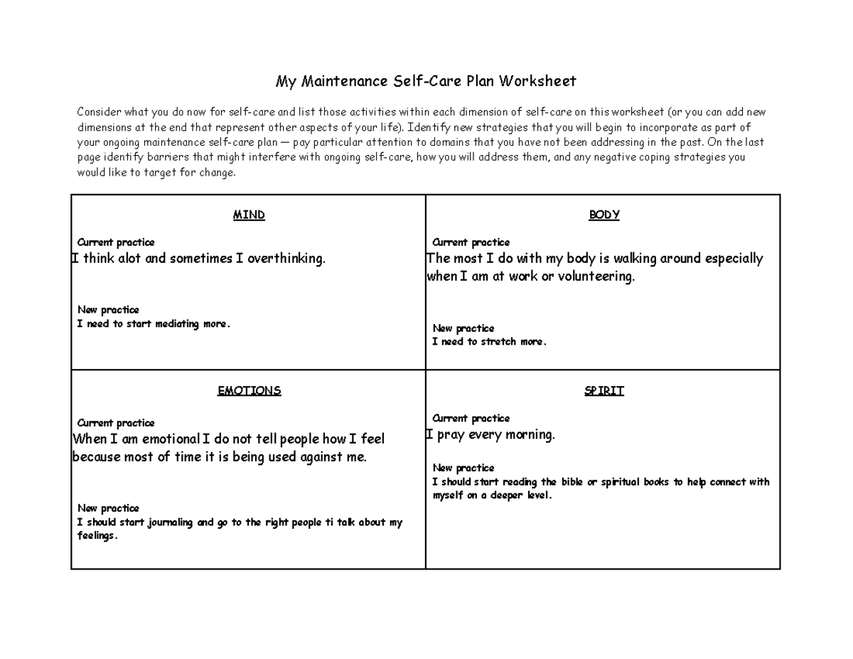 Self-Care Maintenance Plan Worksheet - Personal Reflection & Growth ...