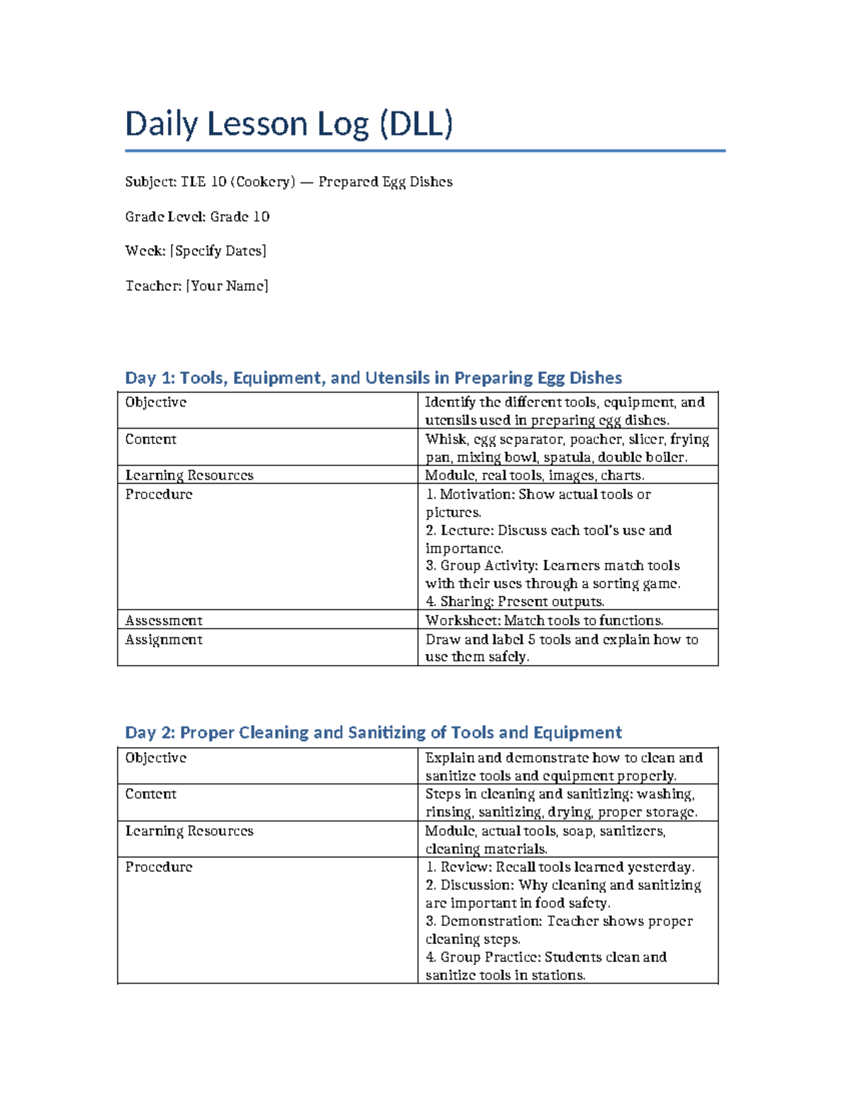 TLE 10 Daily Lesson Log: Preparing Egg Dishes for Grade 10 - Studocu