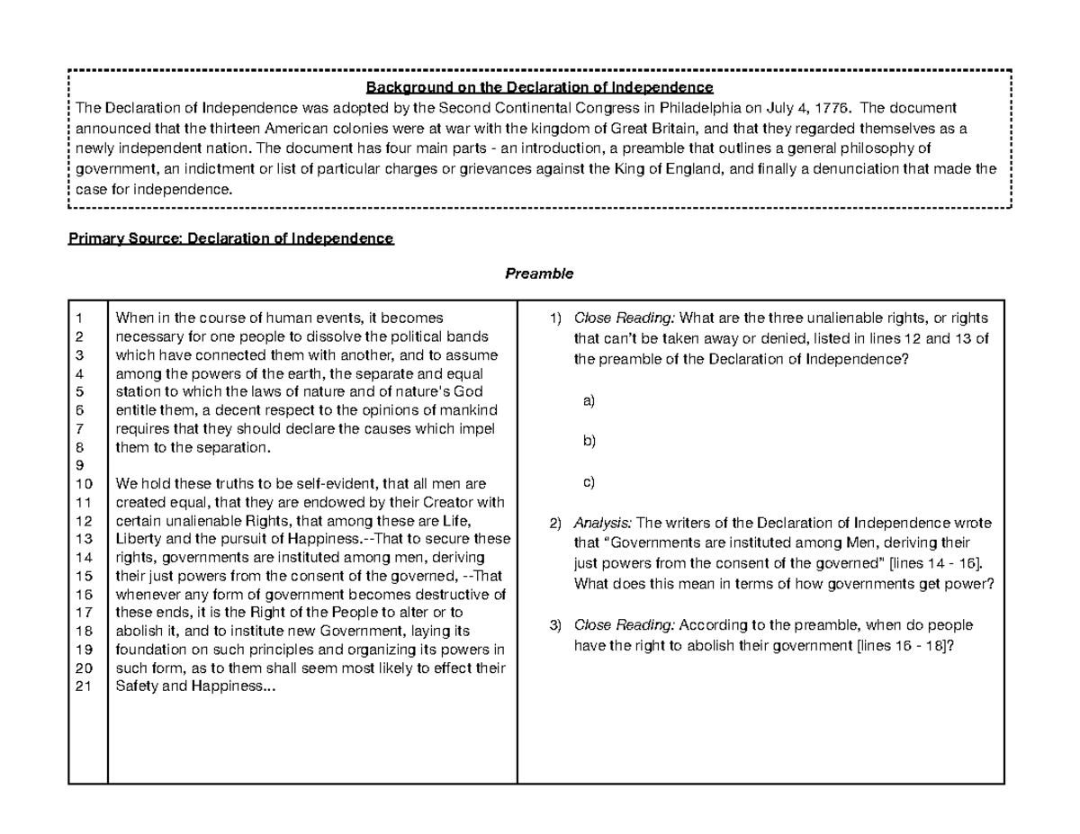 Pt.2 Analysis: Key Elements of the Declaration of Independence - Studocu