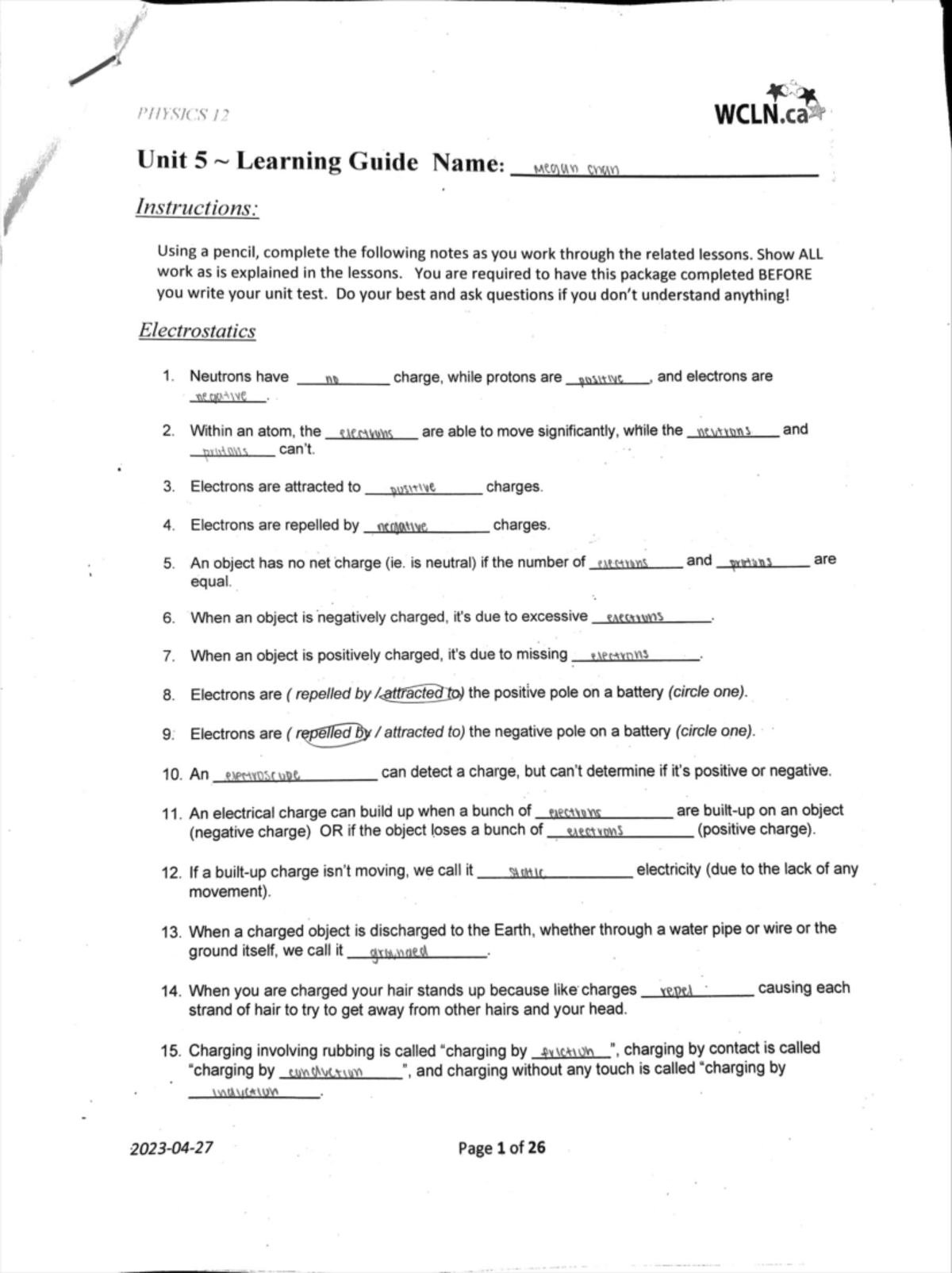 PHYSICS 12 WCLN Unit 5 Learning Guide: Electrostatics and Forces - Studocu