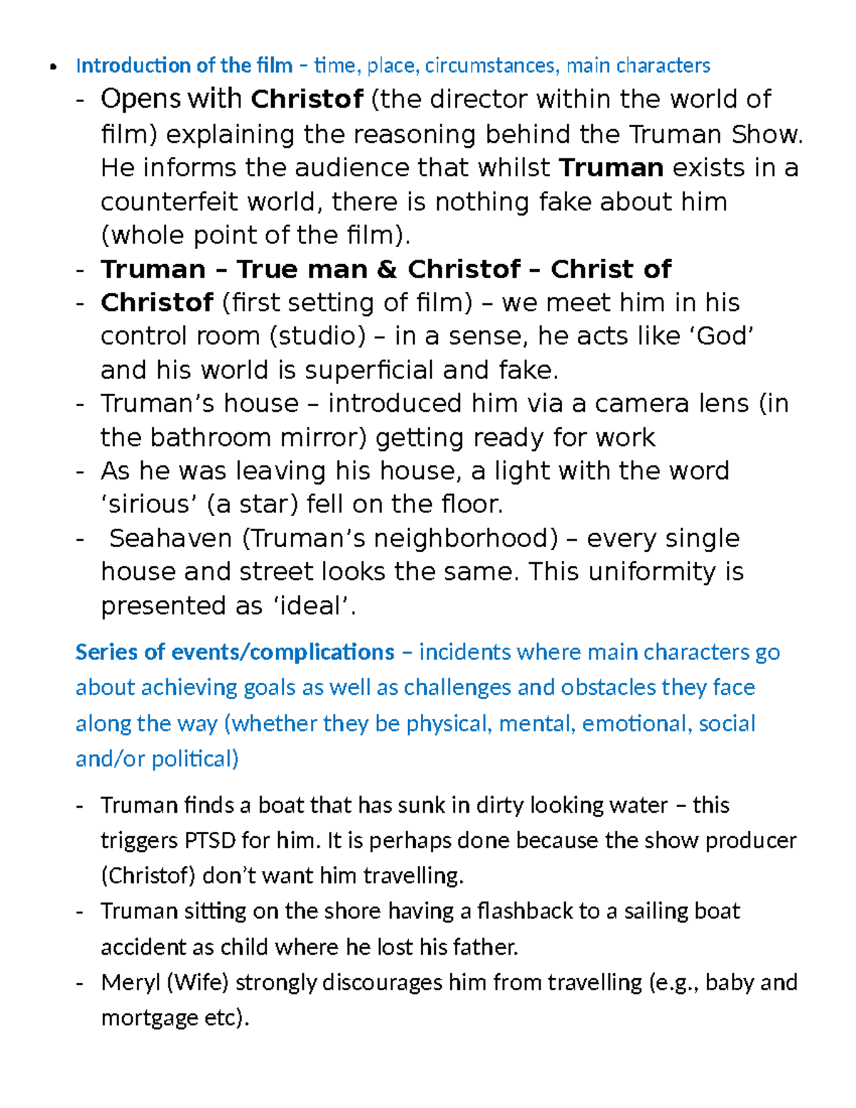 Truman Show Notes: Analysis of Characters & Themes - Studocu