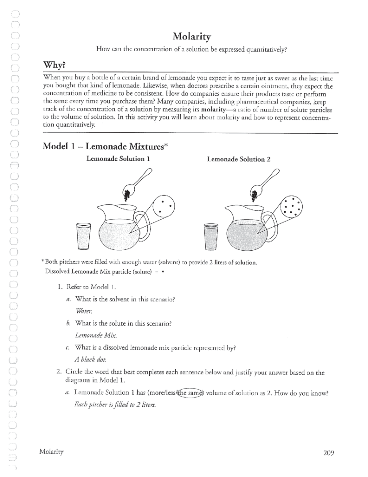 Pogil Chemistry: Teacher's Edition on Molarity Concepts and ...