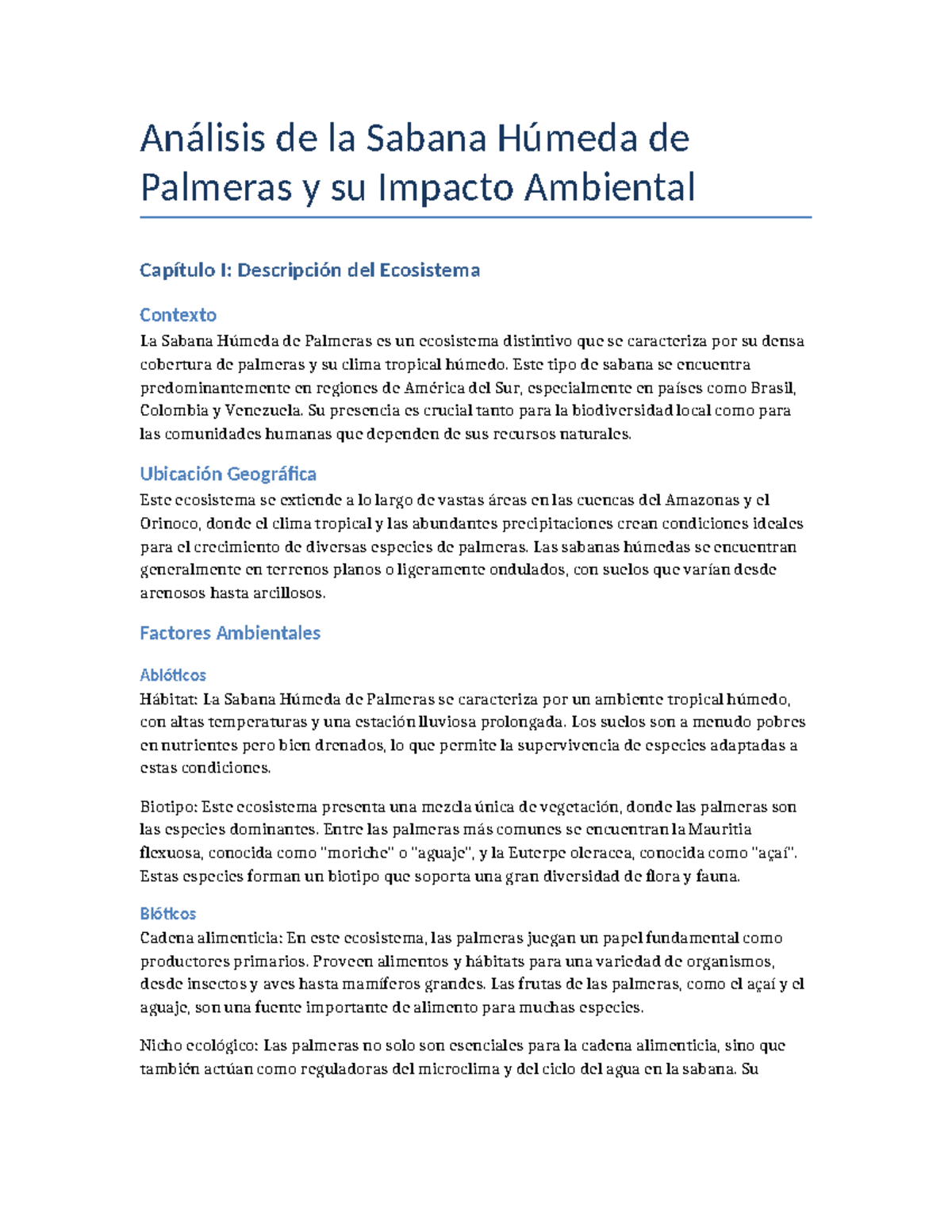 Informe sobre la Sabana Húmeda de Palmeras y su Impacto Ambiental - Studocu