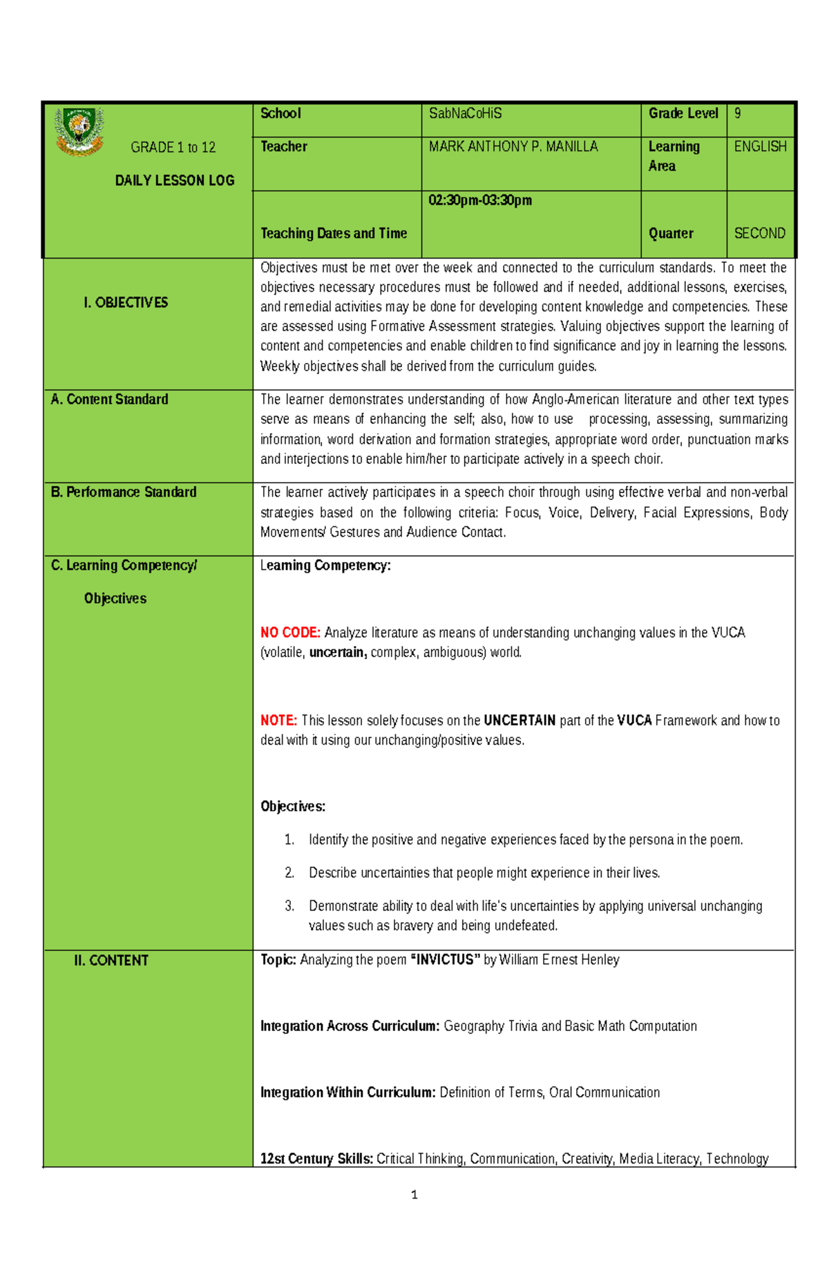 Invictus Lesson Plan for Grade 9 English (Quarter 2) - Studocu