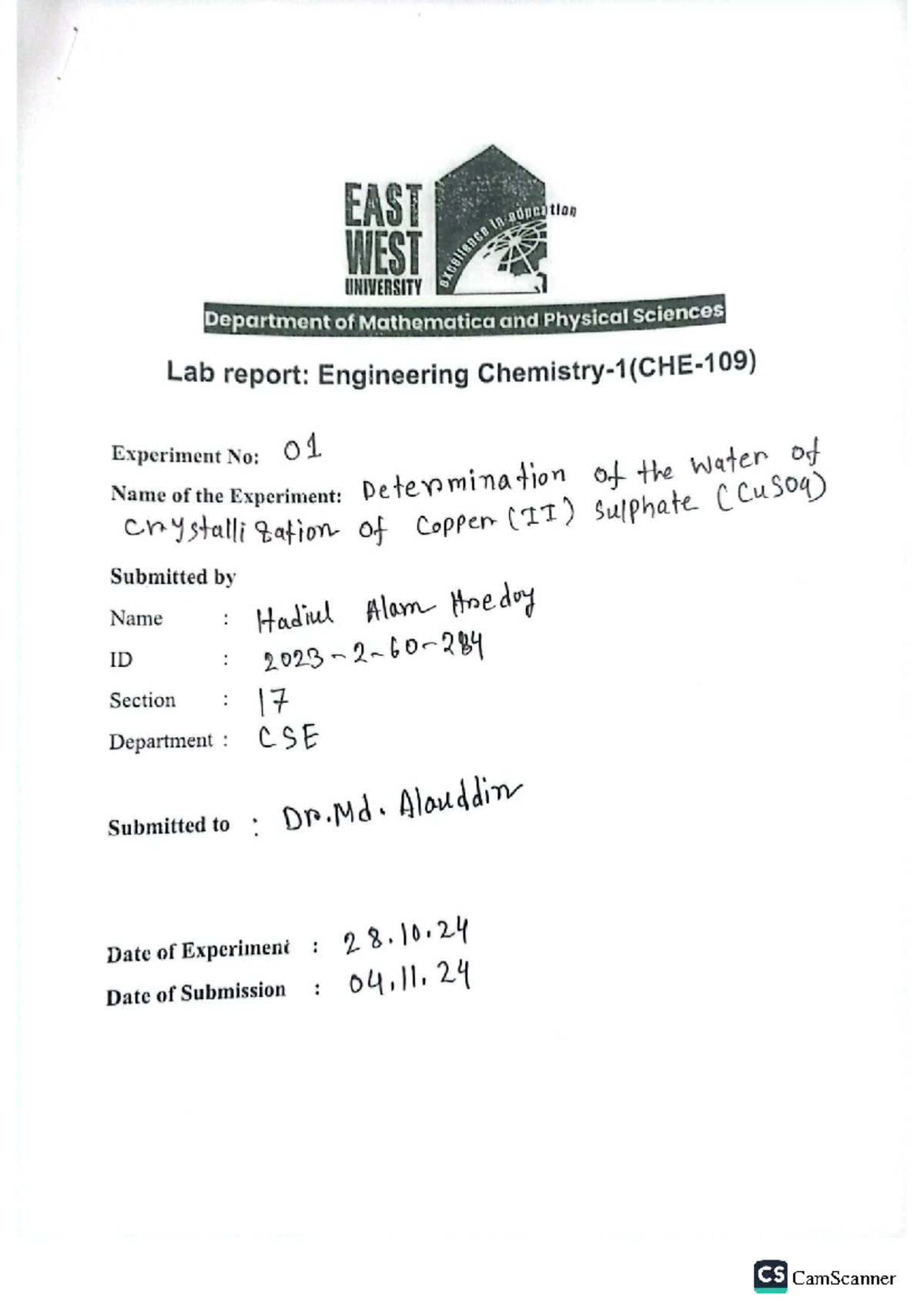 Determination of Water of Crystallization in CuSO4 - CHE 109 Lab Report ...