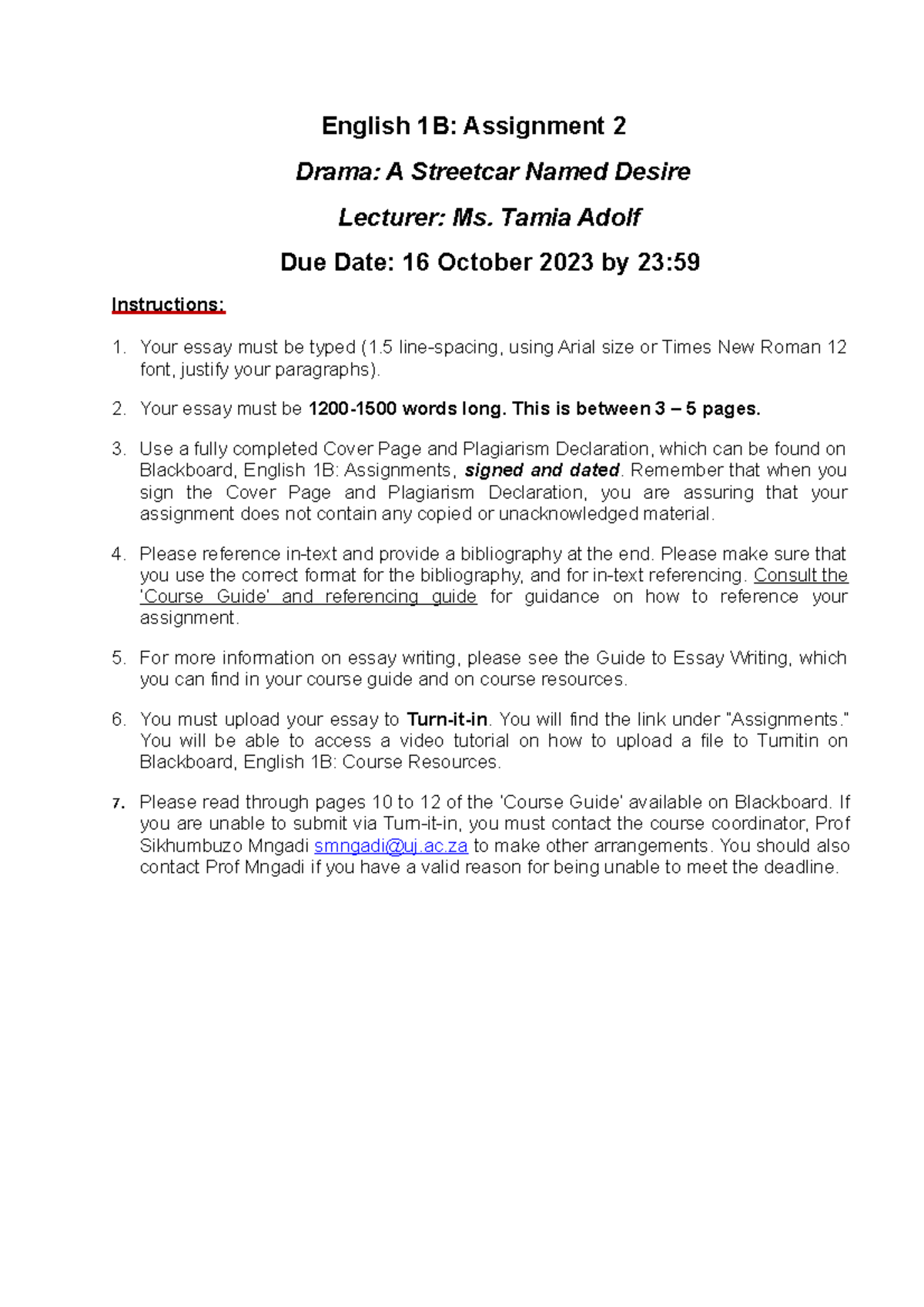 English 1B: A Streetcar Named Desire Essay Assignment 2 Guide - Studocu