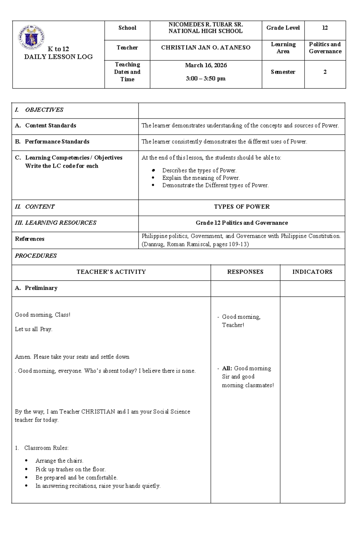 K to 12 Grade 12 Politics & Governance Daily Lesson Log - Studocu