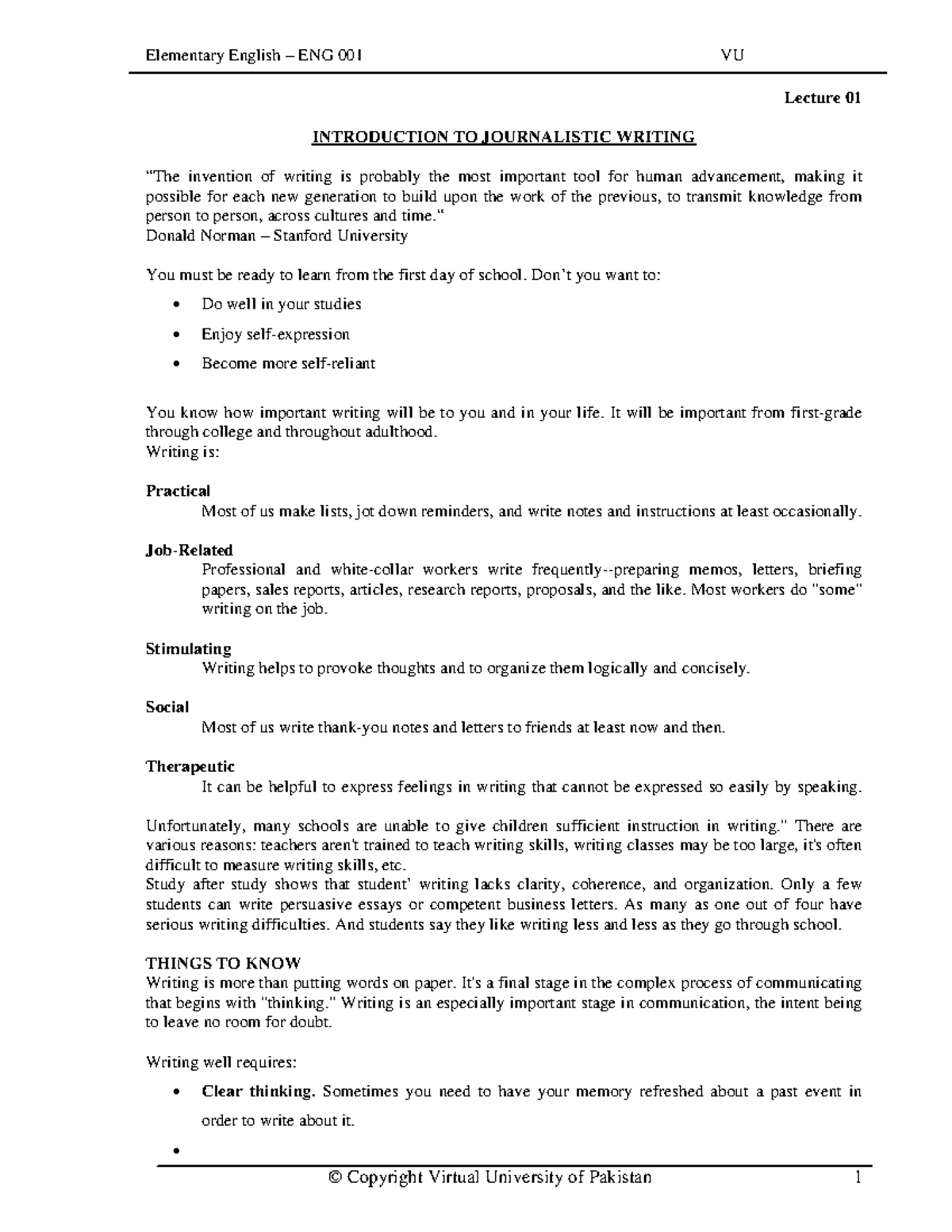 ENG 001 - Lecture 01: Introduction to Journalistic Writing Handouts - Studocu